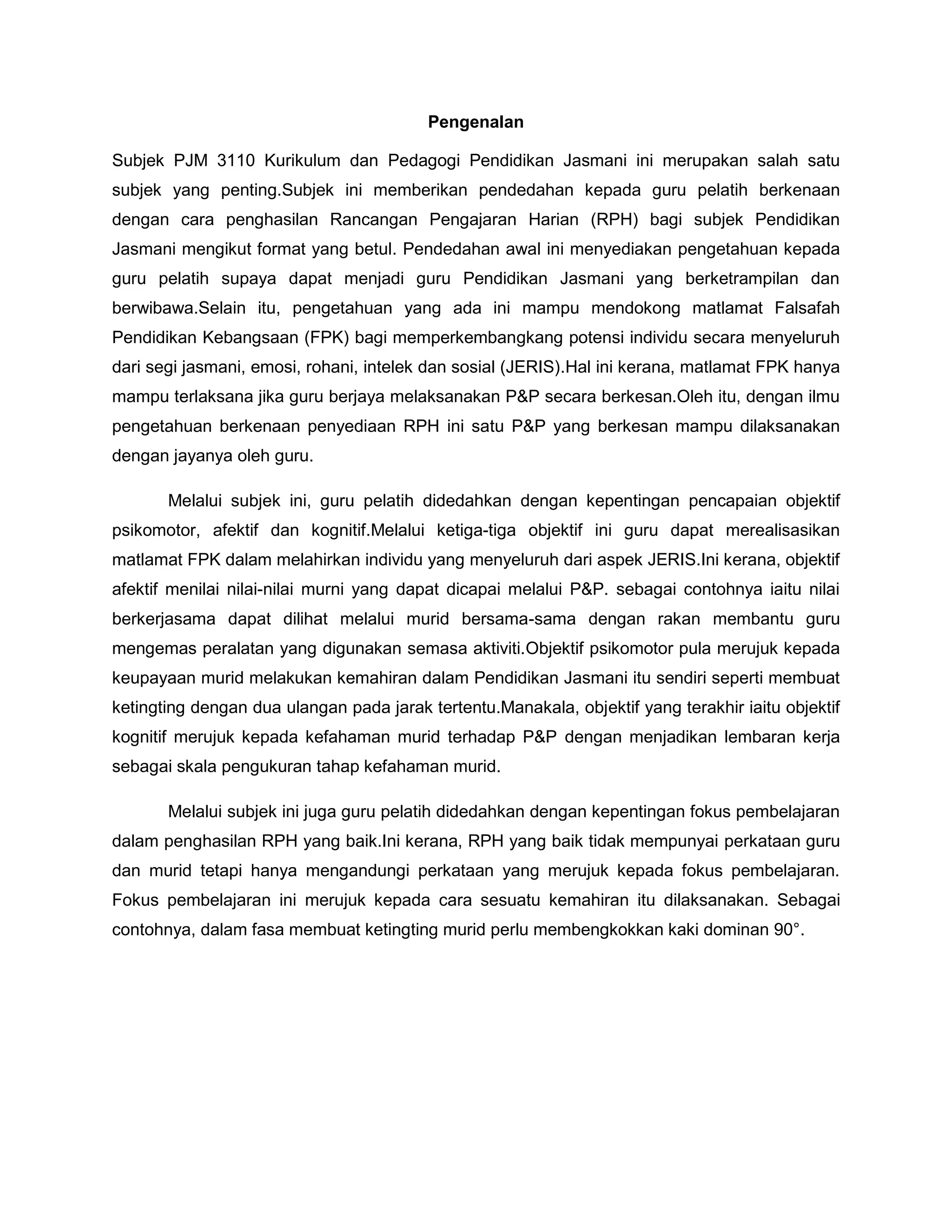 CONTOH RPH PENDIDIKAN JASMANI SUBJEK PEDAGOGI PJ | DOCX