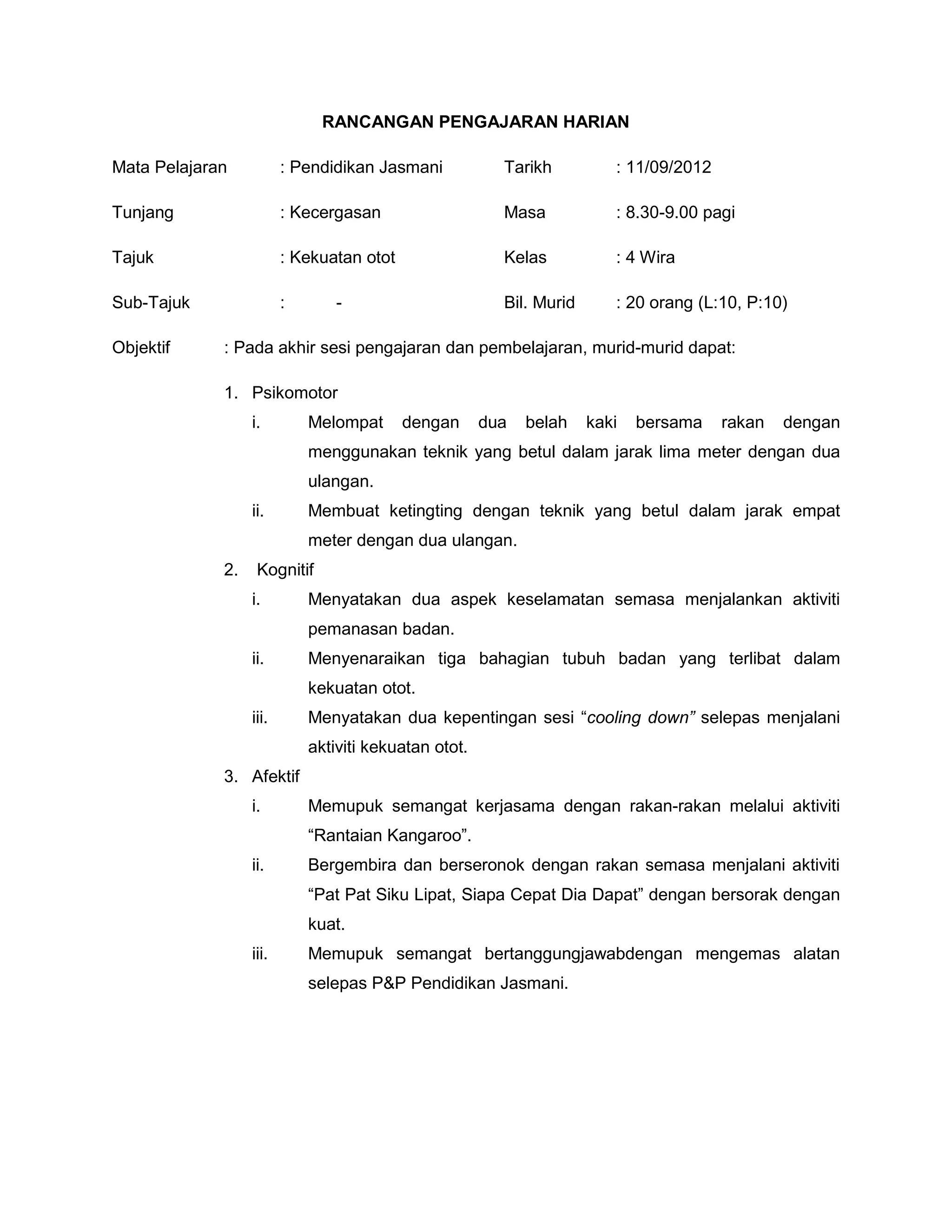 CONTOH RPH PENDIDIKAN JASMANI SUBJEK PEDAGOGI PJ | DOCX