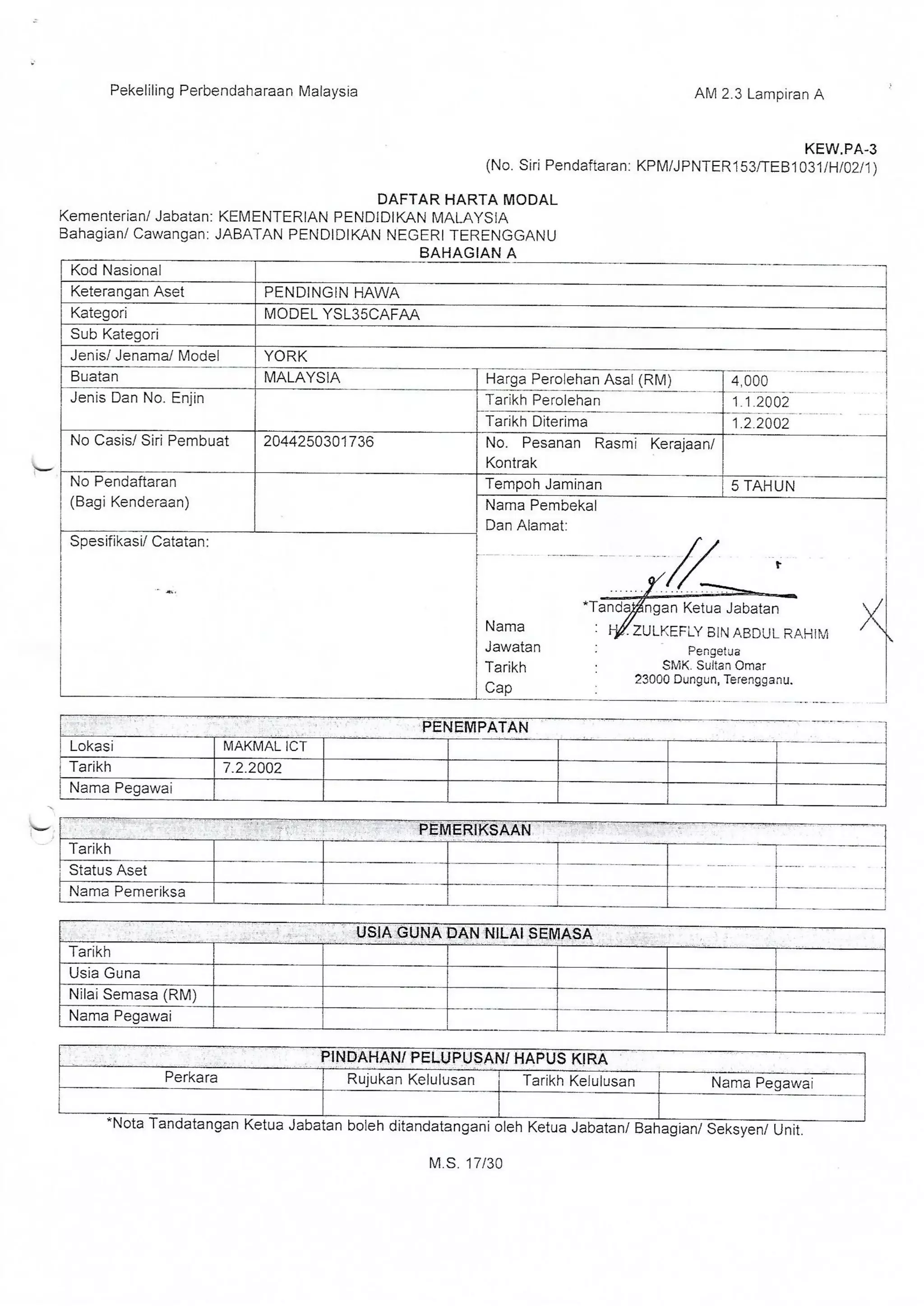 Harta Modal (KEW.PA-3) Peralatan ICT Pendingin Hawa SMKSO | PDF