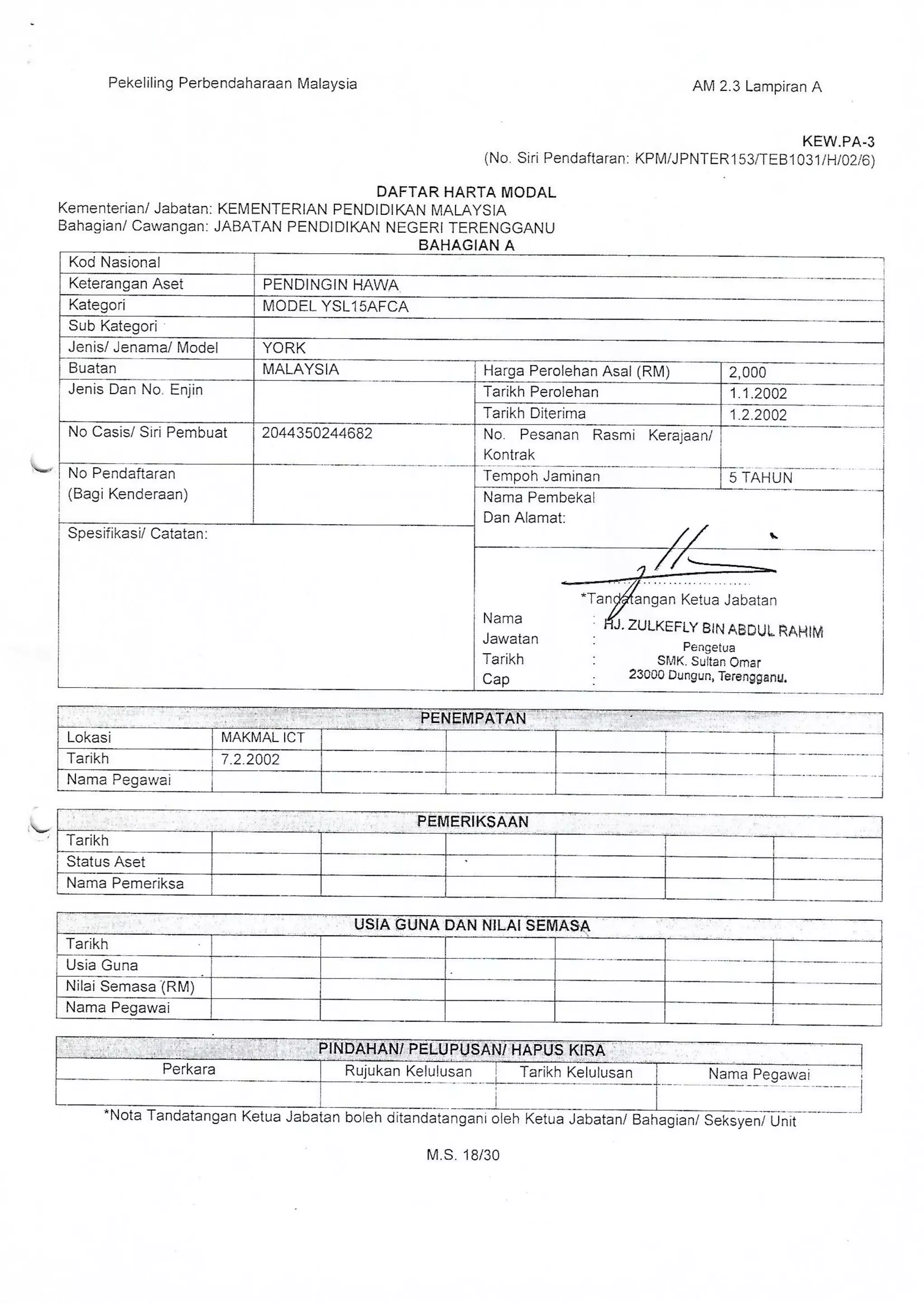 Harta Modal (KEW.PA-3) Peralatan ICT Pendingin Hawa SMKSO | PDF