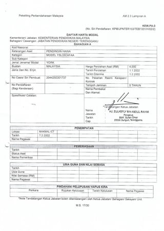 Harta Modal (KEW.PA-3) Peralatan ICT Pendingin Hawa SMKSO | PDF