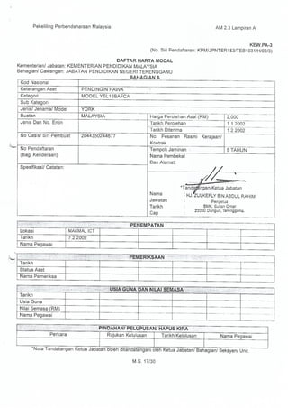 Harta Modal (KEW.PA-3) Peralatan ICT Pendingin Hawa SMKSO | PDF