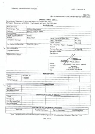 Harta Modal (KEW.PA-3) Peralatan ICT Pendingin Hawa SMKSO | PDF