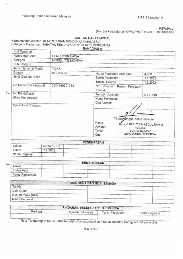 Harta Modal (KEW.PA-3) Peralatan ICT Pendingin Hawa SMKSO | PDF