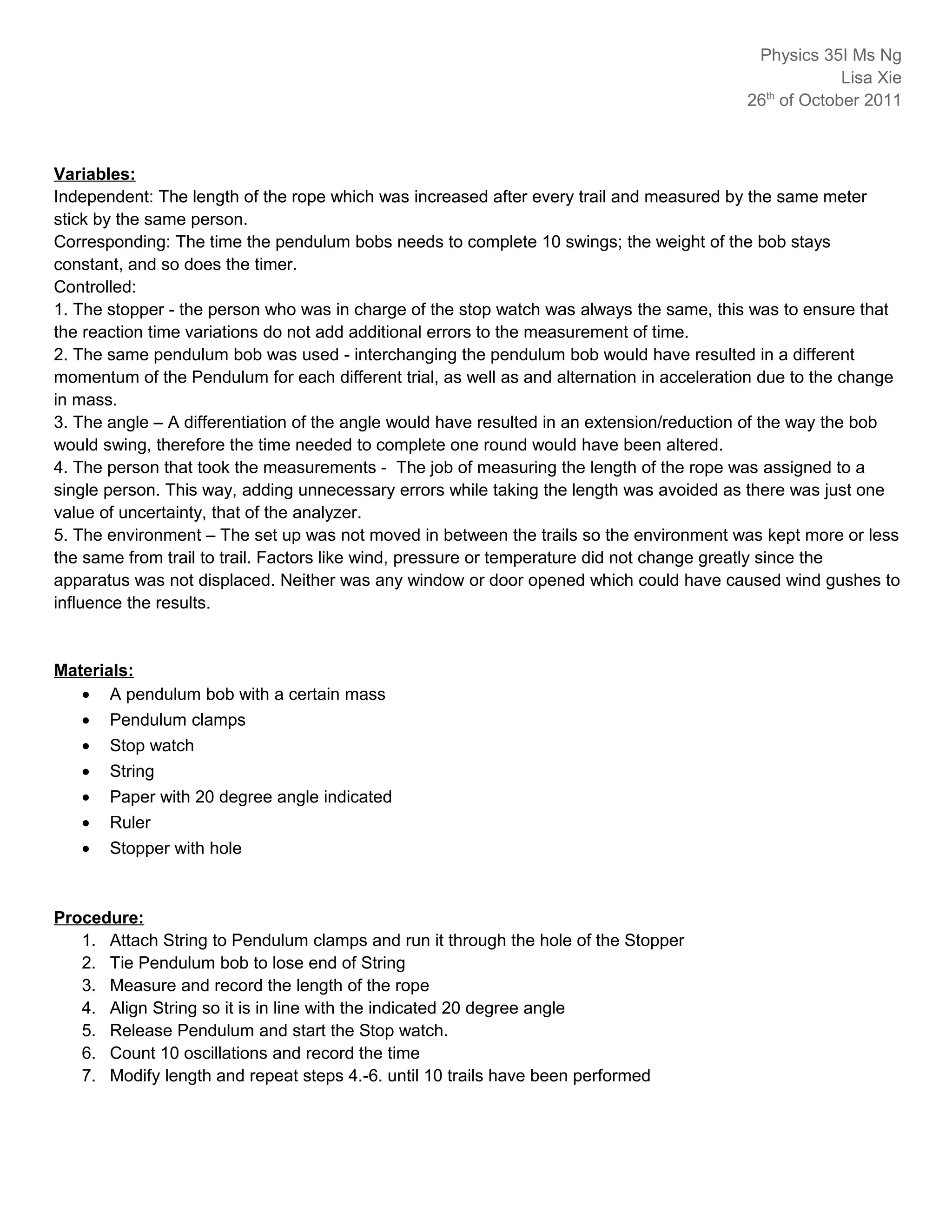 IB Phyiscs SL - Pendulum Lab | DOC