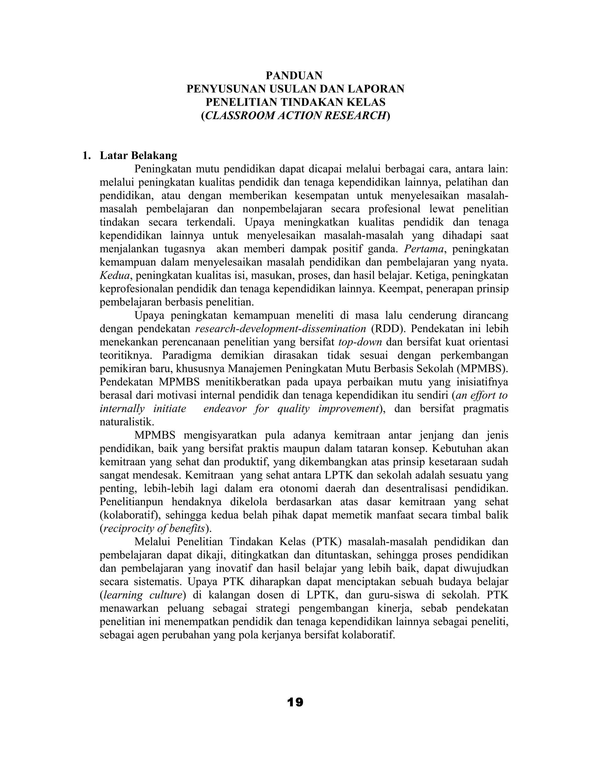 Penelitian tindakan kelas ( ptk ) & contoh karya tulis ilmiah ( kti ) | PDF