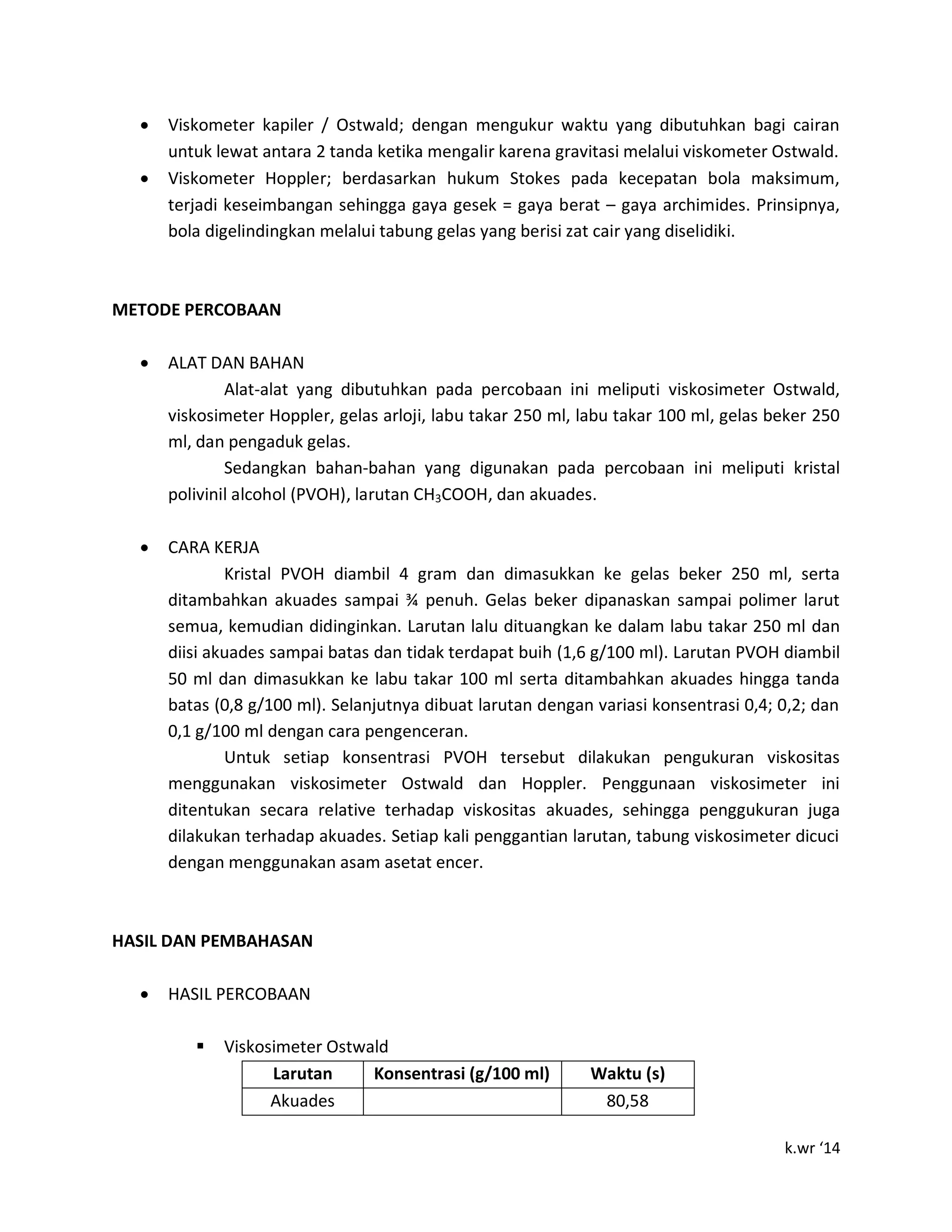 laporan kimia fisik - Penentuan berat molekul polimer | PDF