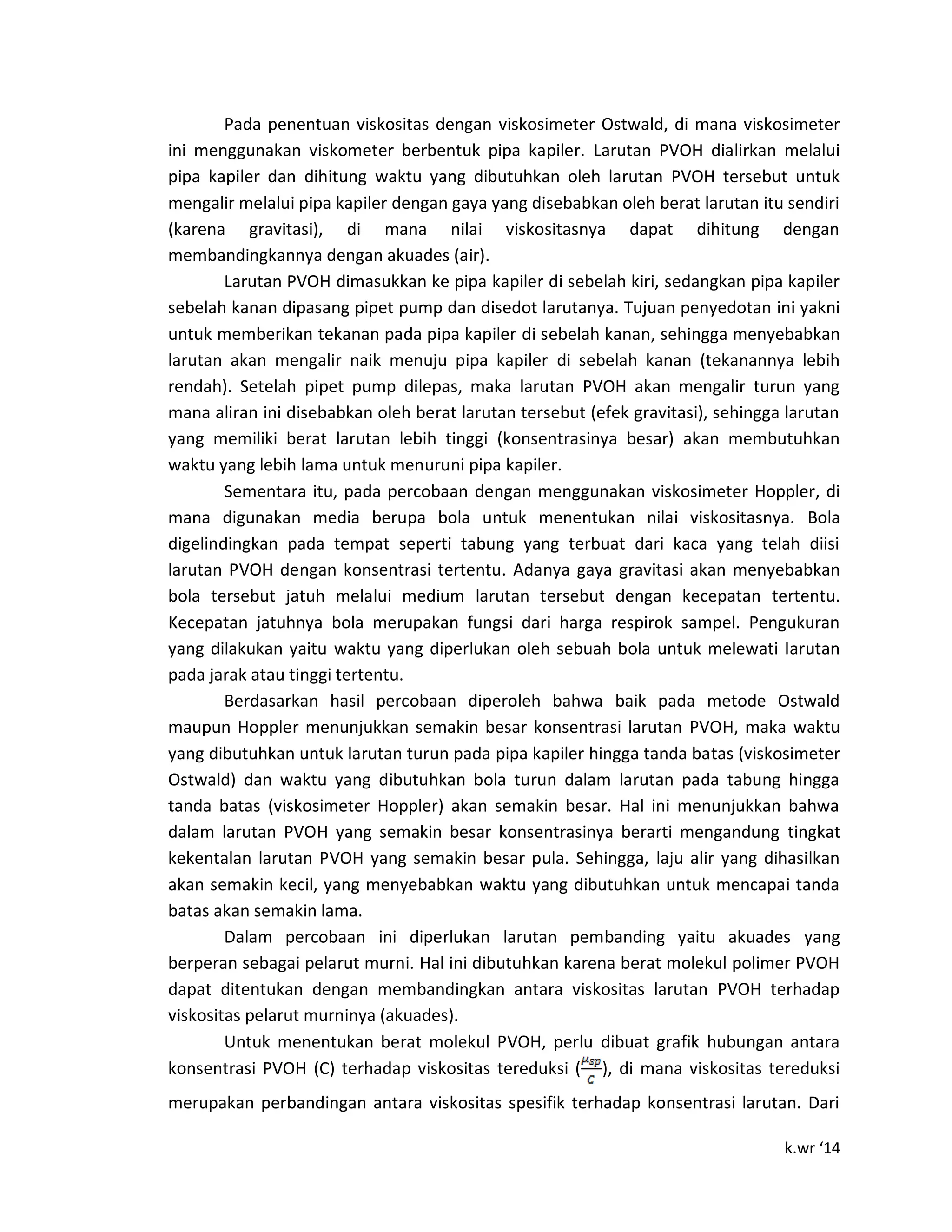 laporan kimia fisik - Penentuan berat molekul polimer | PDF