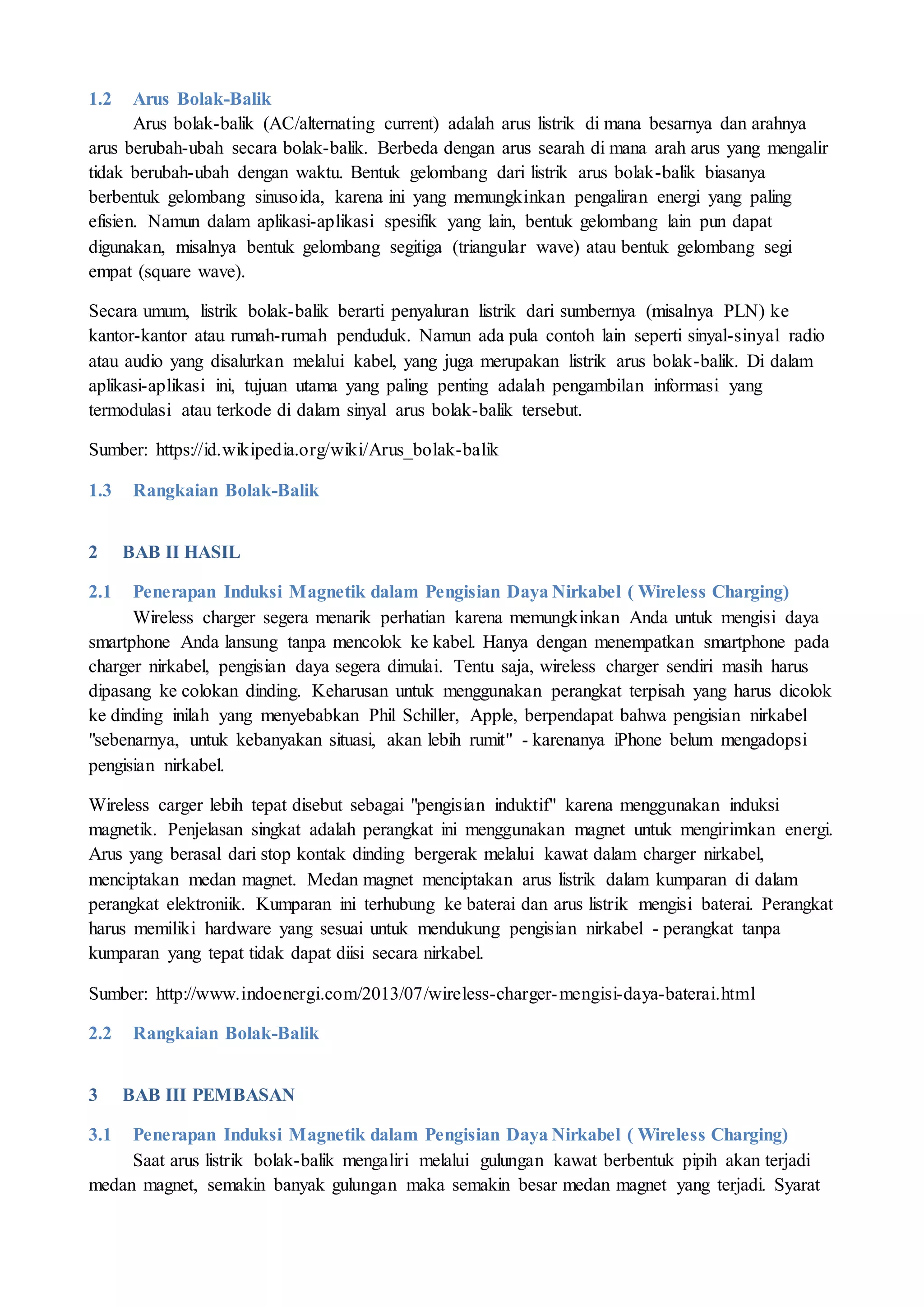 Penerapan induksi magnetik dan rangkaian listrik bolak balik | DOCX