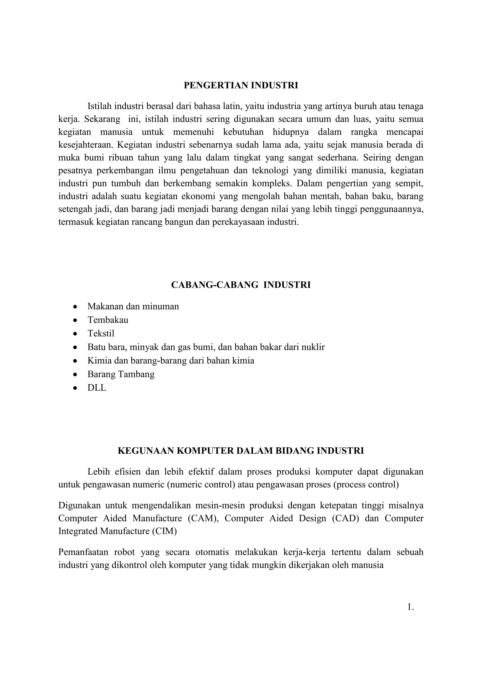 Penerapan komputer di bidang industri | DOCX