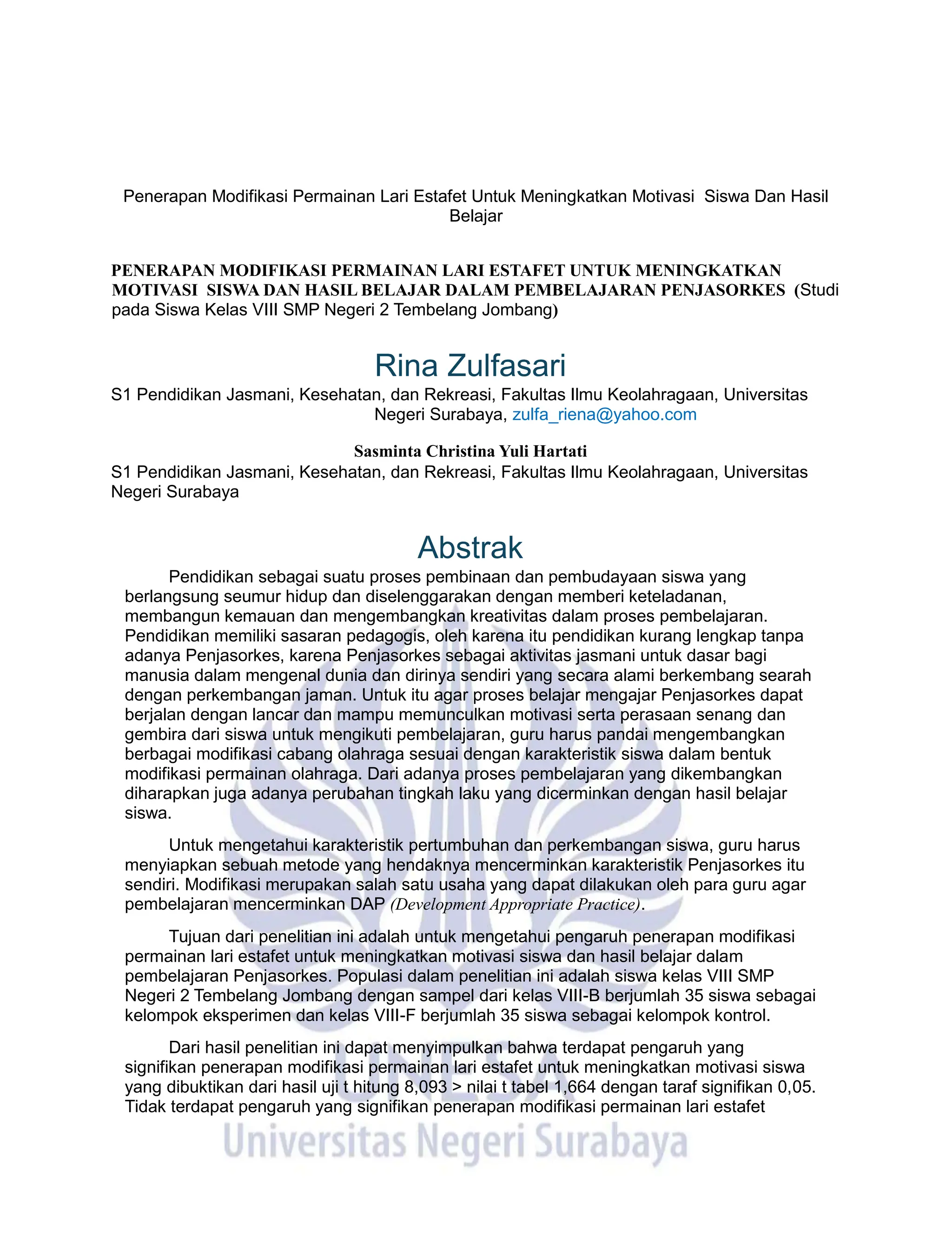 Penerapan Modifikasi Permainan Lari Estafet Untuk Meningkatkan Motivasi ...