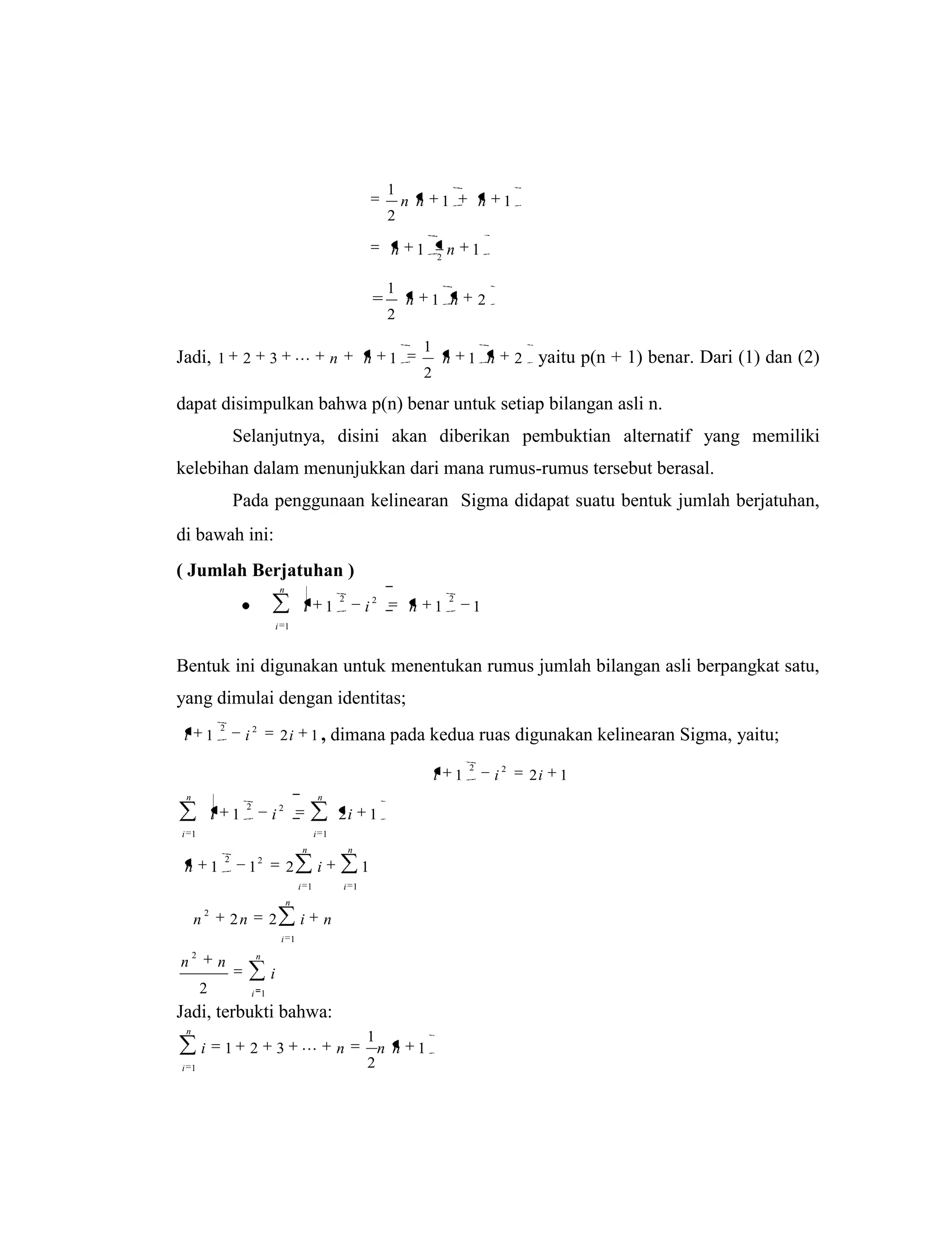 Penerapan sifat kelinearan sigma untuk menentukan rumus jumlah bilangan ...