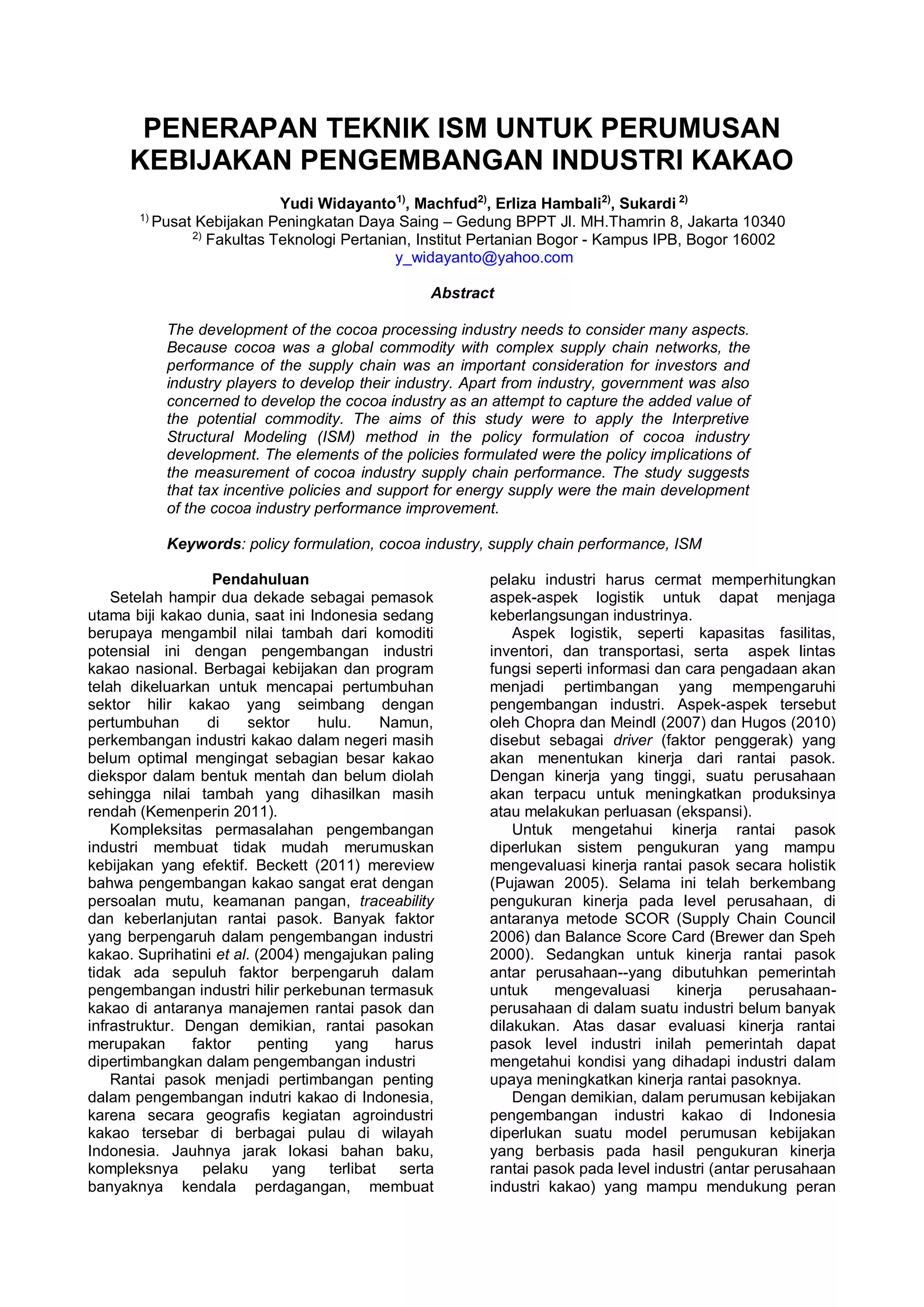 Penerapan teknik ISM untuk perumusan kebijakan pengembangan industri kakao jurnal bppt | PDF