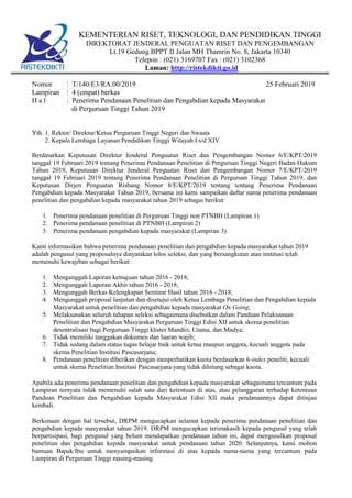 Penerima Pendanaan Penelitian dan Pengabdian kepada Masyarakat di Perguruan Tinggi Tahun 2019 ...