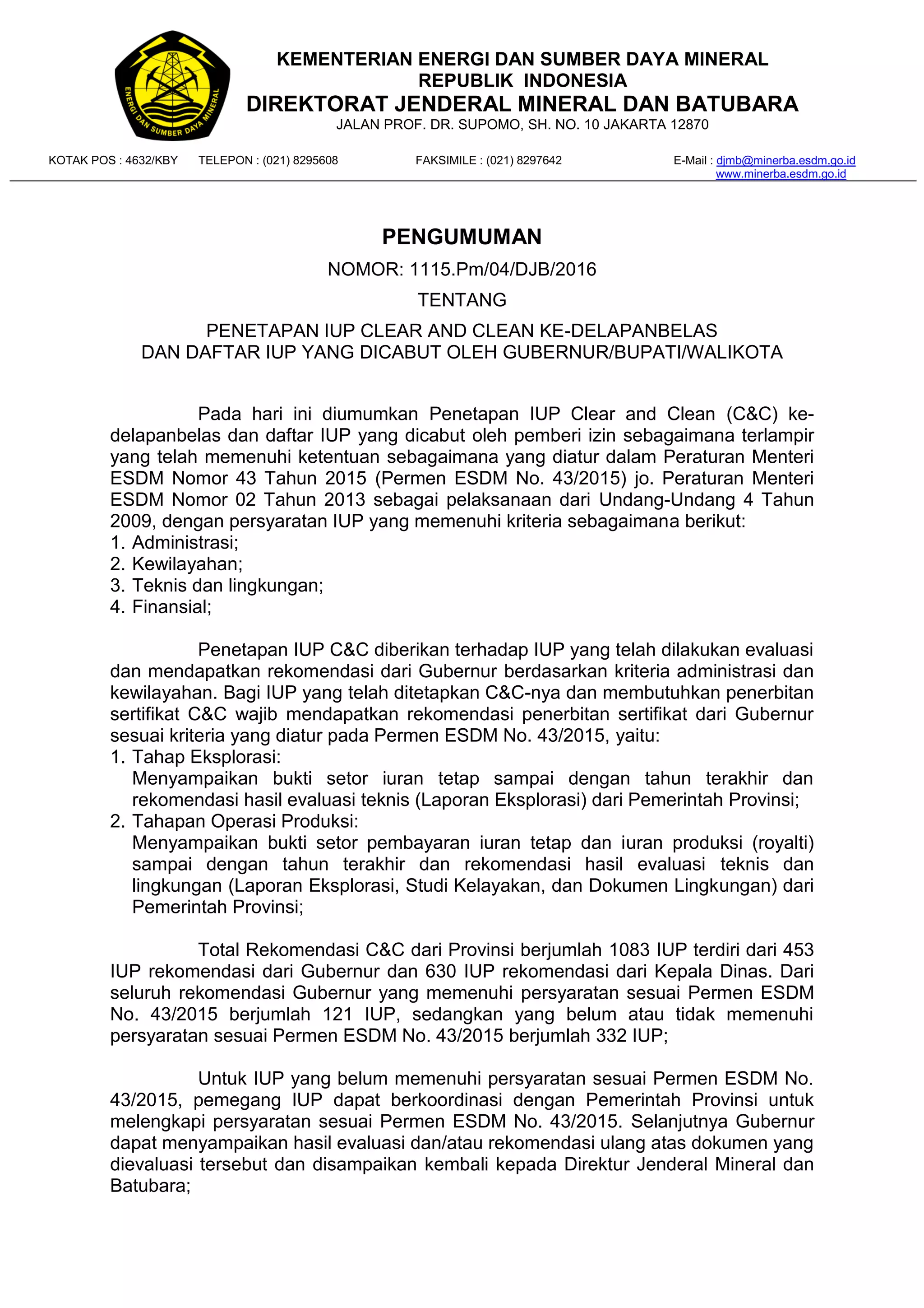 Pengumuman Kementrian ESDM: Penetapan IUP CnC ke 18 dan Daftar IUP yang ...