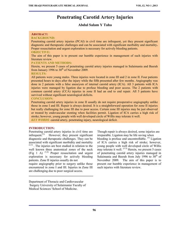 Penetrating carotid artery injuries | PDF | First Aid | Injuries