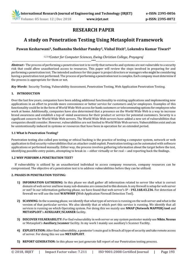 Penetration Testing Using Metasploit Framework Pdf