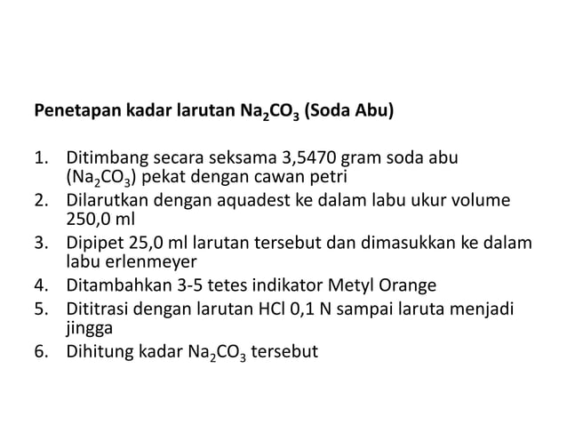 Penetuan kadar na2 co3 dalam soda abu asidimetri | PPTX