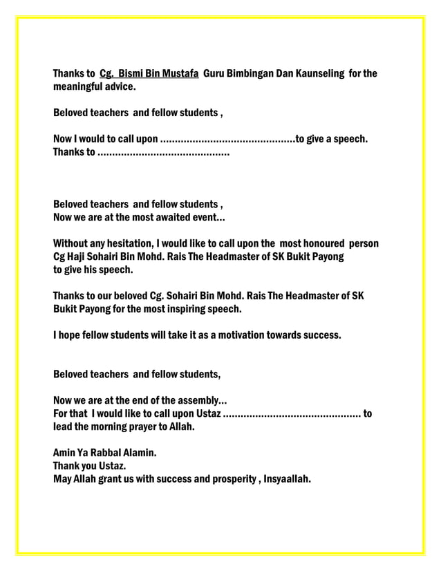 Pengacara majlis perhimpunan mingguan bahasa inggeris | DOC