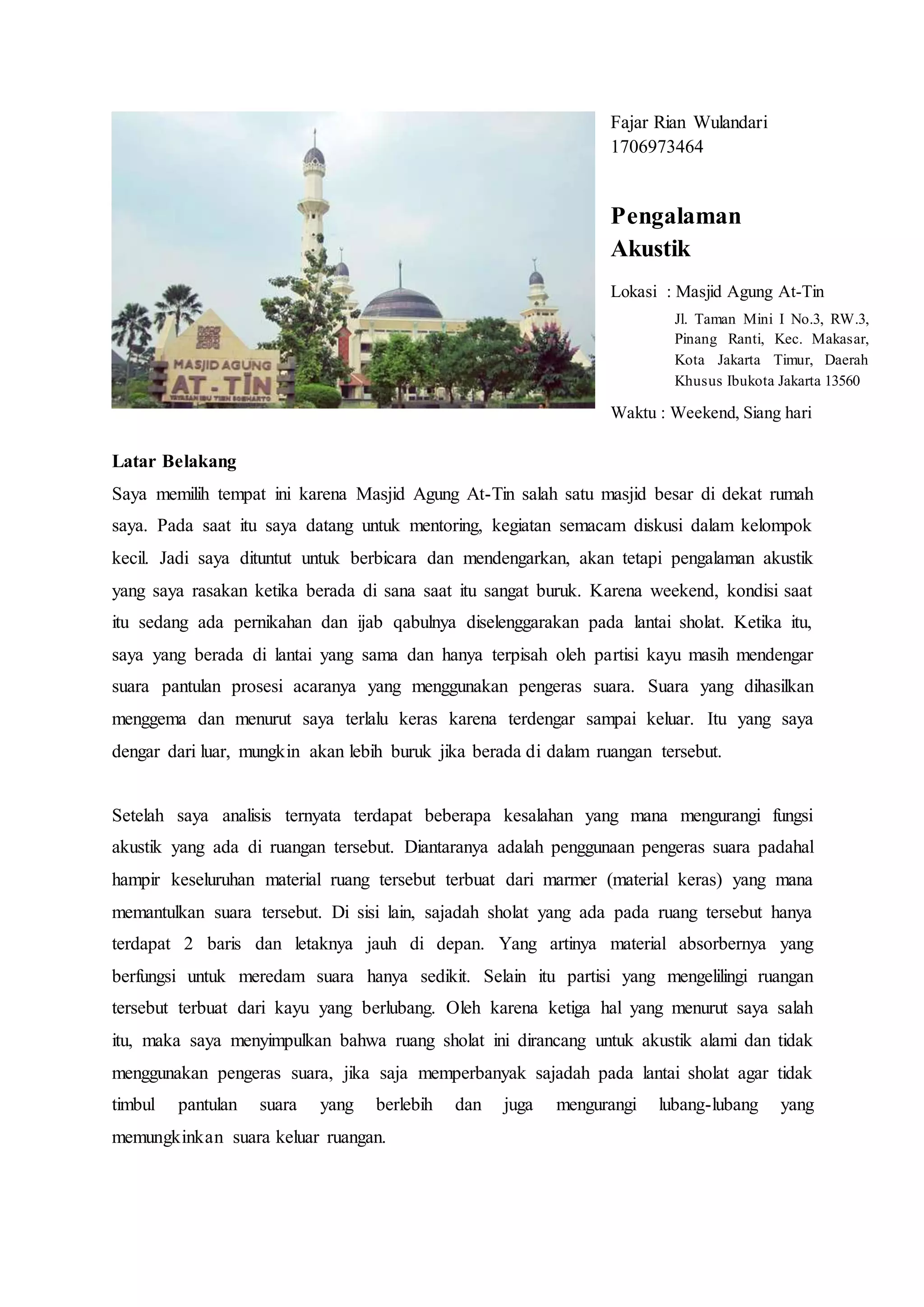 Pengalaman Akustik di Masjid Agung At-Tin | DOCX