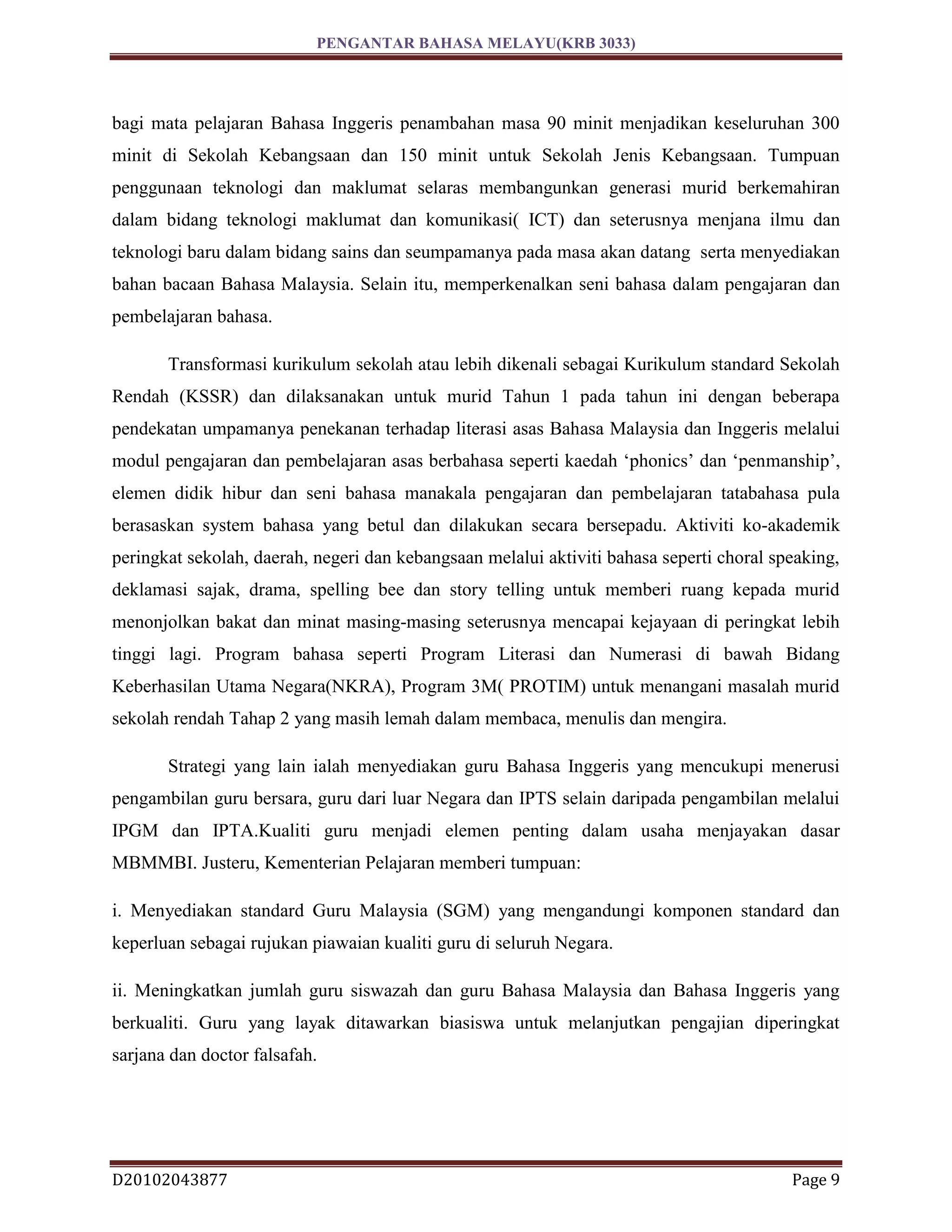 Pengantar bahasa melayu(krb 3033) | DOCX