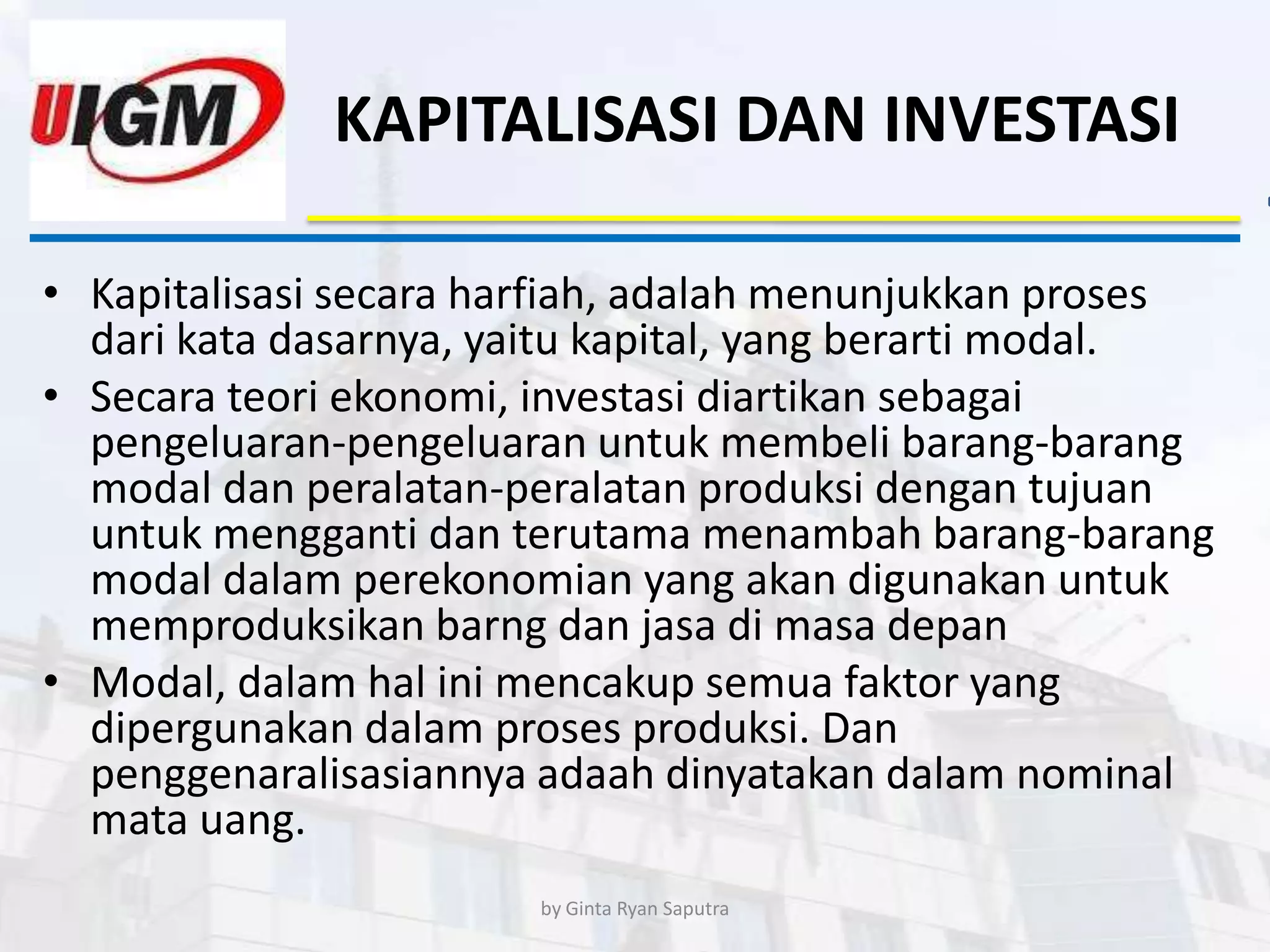 Pengantar ekonomi makro kapitalisasi dan investasi | PPT