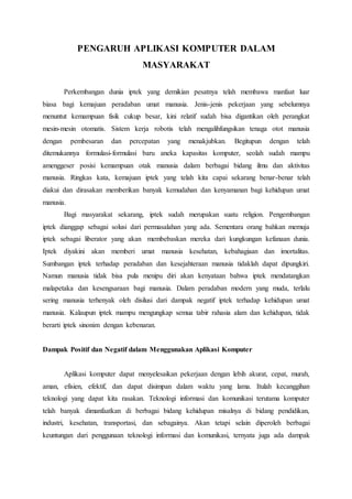 Pengaruh aplikasi komputer dalam masyarakat | DOCX