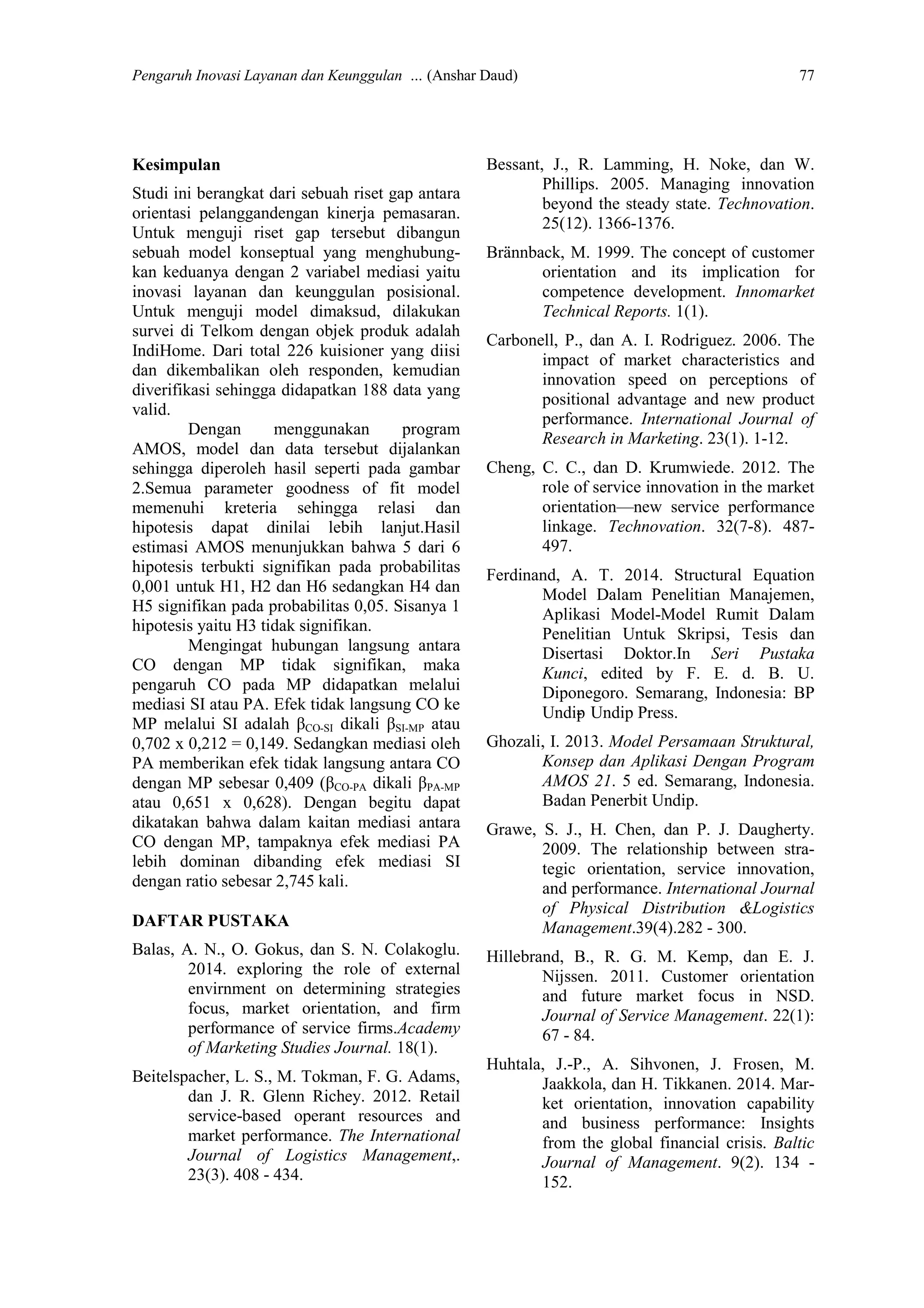 Pengaruh inovasi layanan dan keunggulan posisional pada kinerja pemasaran | PDF