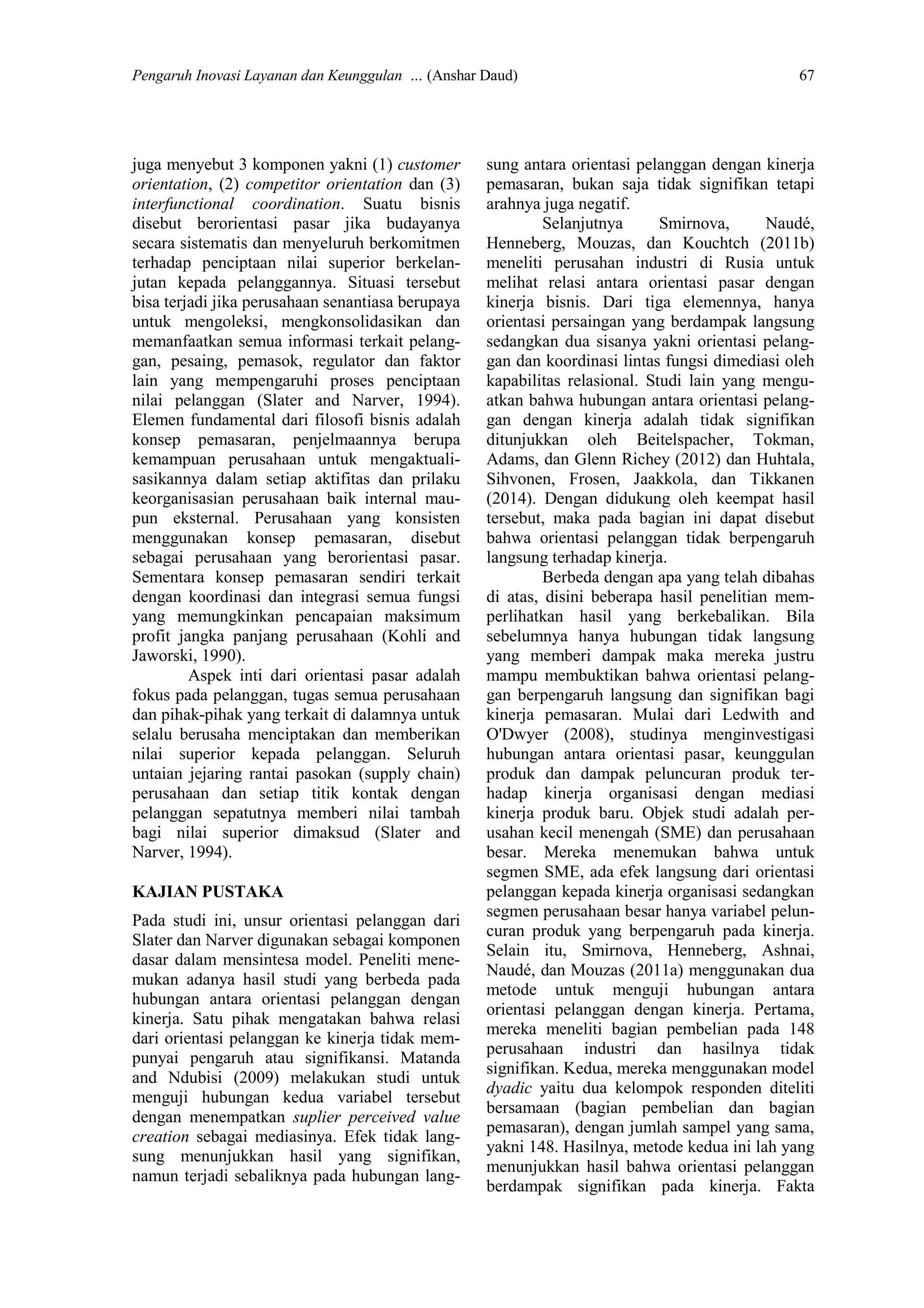 Pengaruh inovasi layanan dan keunggulan posisional pada kinerja pemasaran | PDF