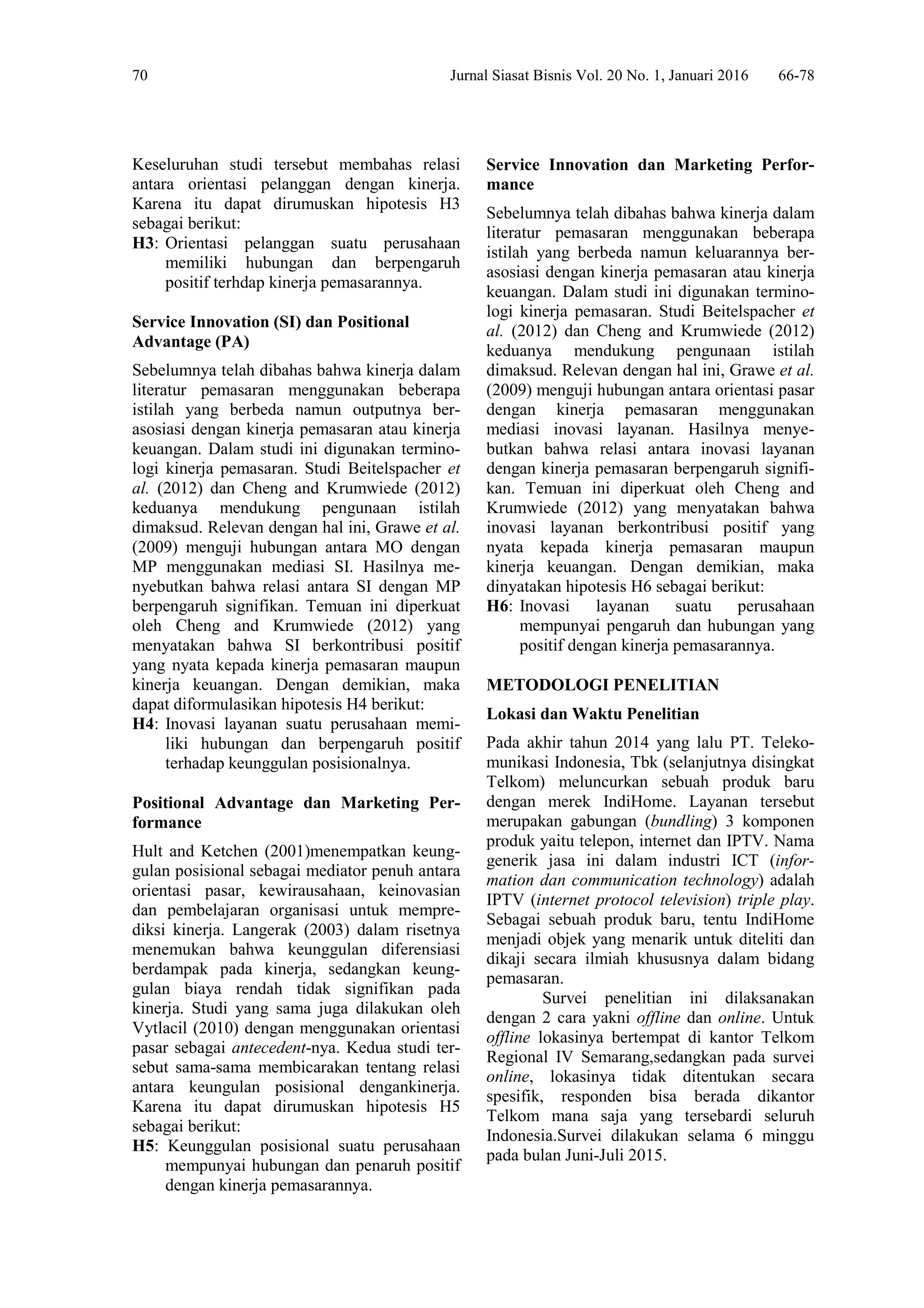 Pengaruh inovasi layanan dan keunggulan posisional pada kinerja pemasaran | PDF