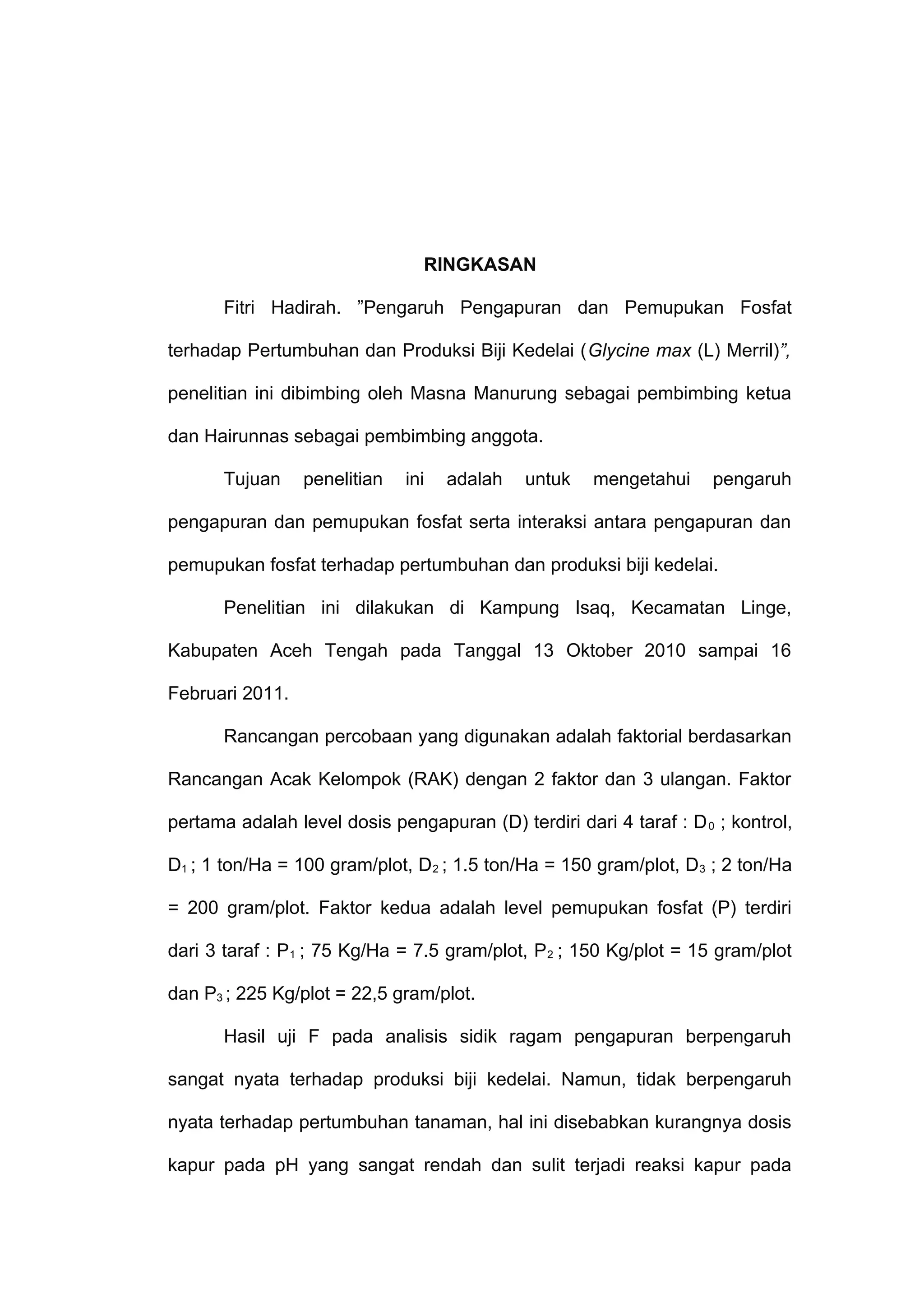 Pengaruh pemupukan posfat dan pengapuran terhadap pertumbuhan dan ...