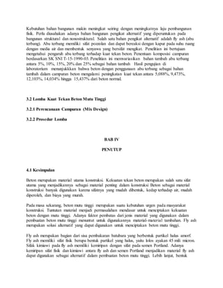 Pengaruh penambahan fly ash terhadap kuat tekan beton mutu | DOCX