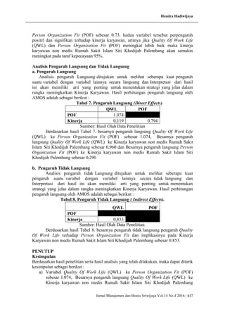 Pengaruh quality of work life terhadap person organization fit dan implikasinya pada kinerja ...