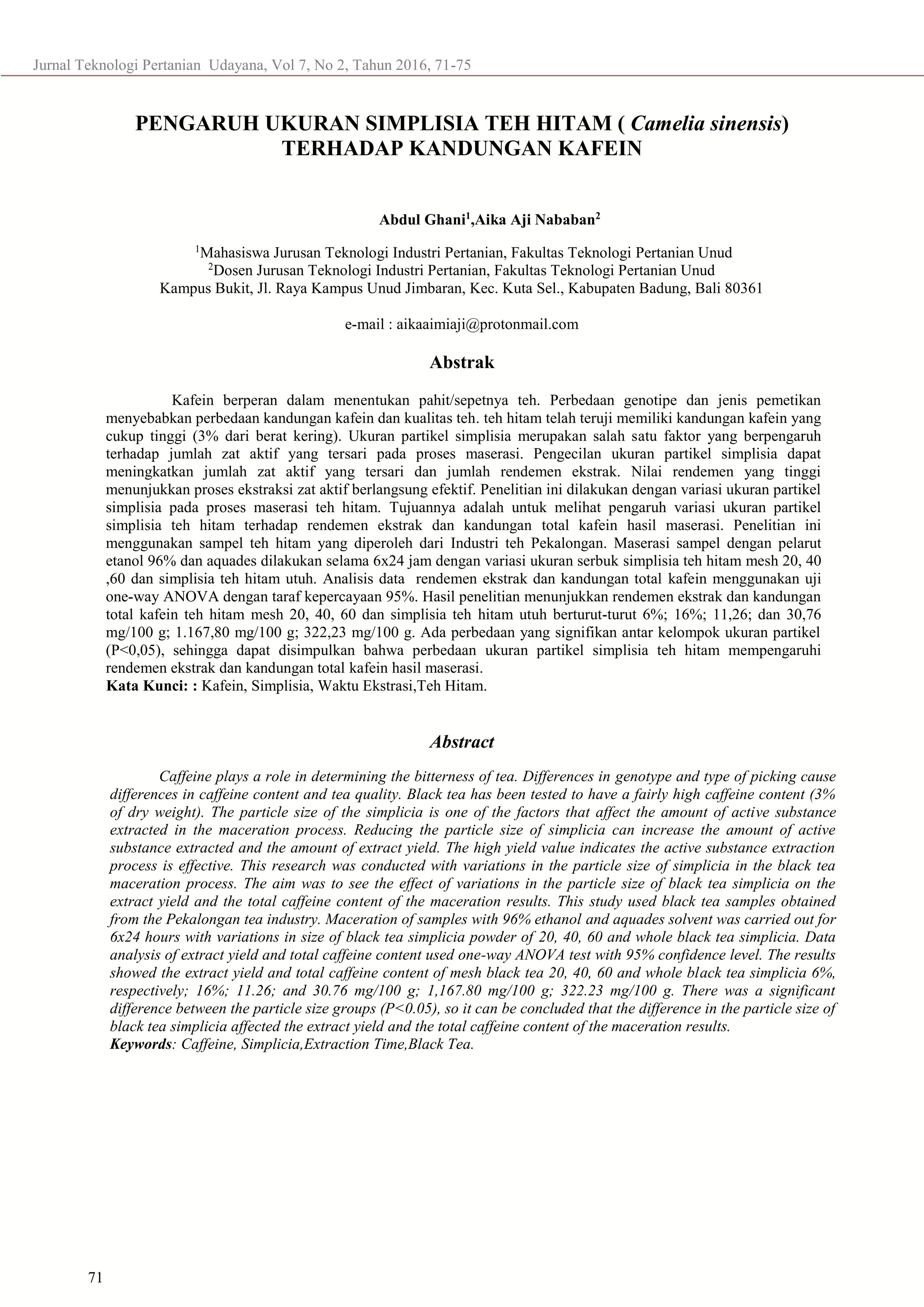 Pengaruh ukuran simplisia teh hitam ( camelia sinensis) terhadap ...