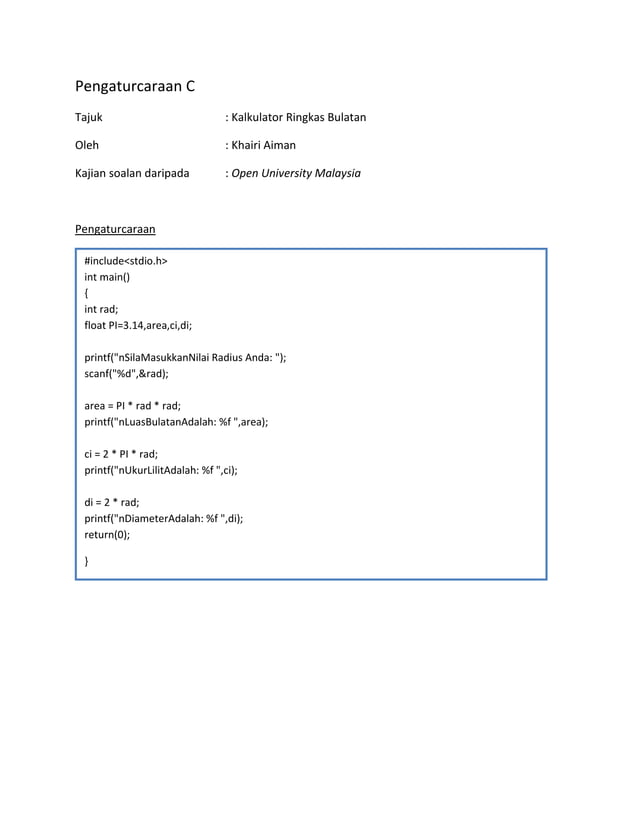 Pengaturcaraan C++ - Kalukulator Bulatan (C++ Programming - Circle Calculator) | PDF