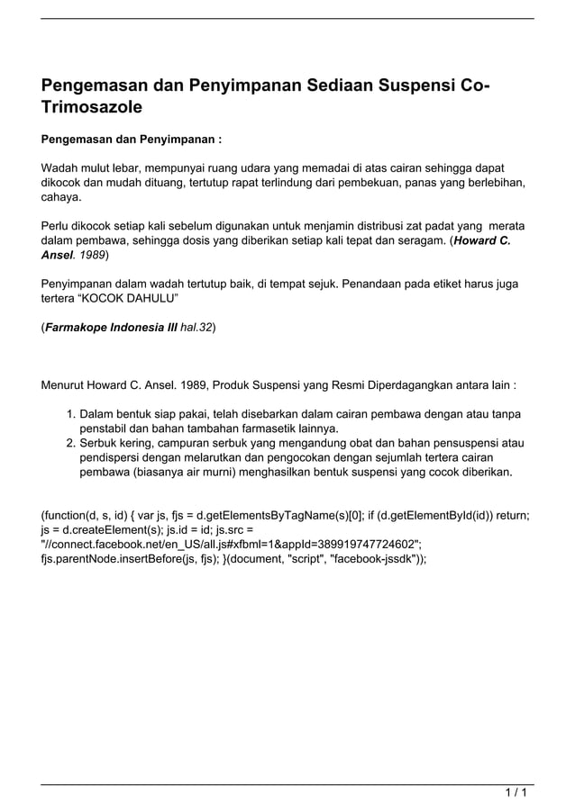 Pengemasan dan Penyimpanan Sediaan Suspensi Co- Trimosazole | PDF