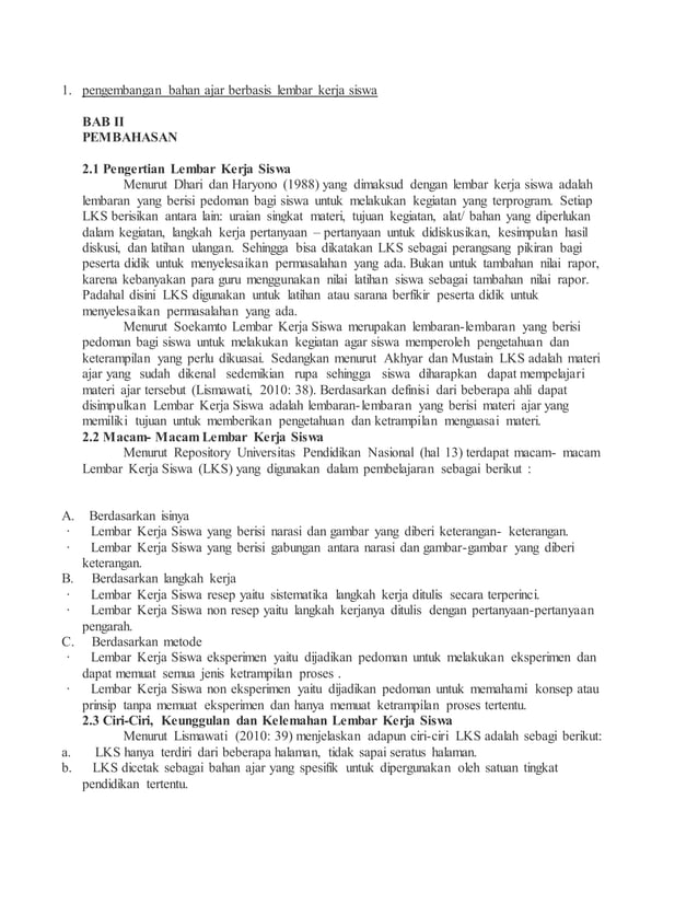 Pengembangan bahan ajar berbasis lembar kerja siswa | DOCX