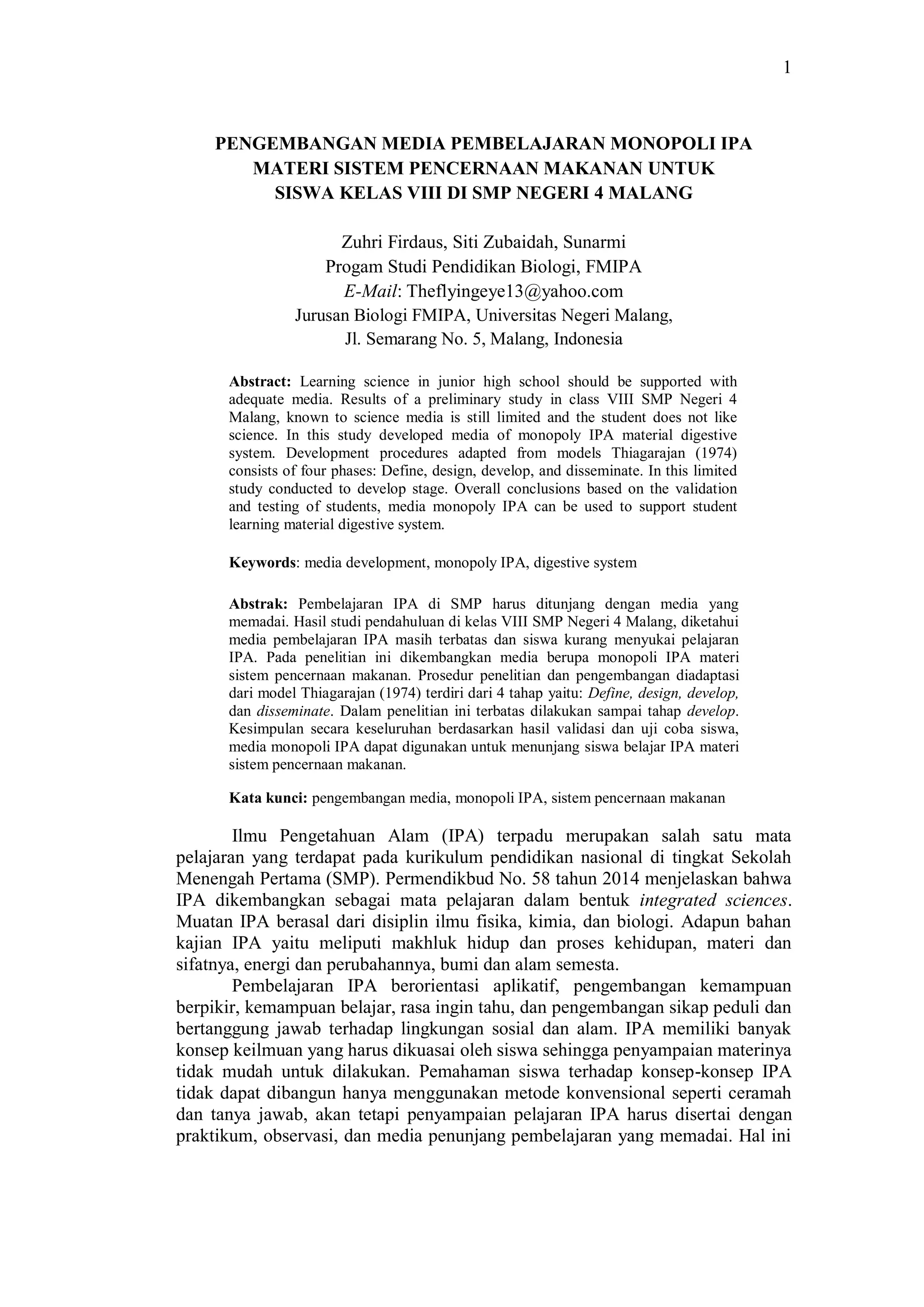 Pengembangan media pembelajaran monopoli ipa | PDF