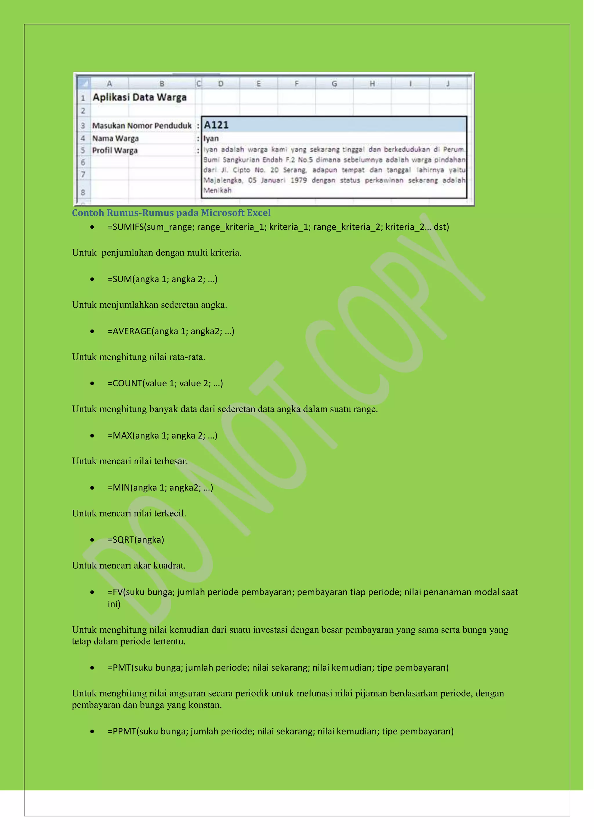 Pengenalan beberapa fungsi atau rumus microsoft excel | DOCX