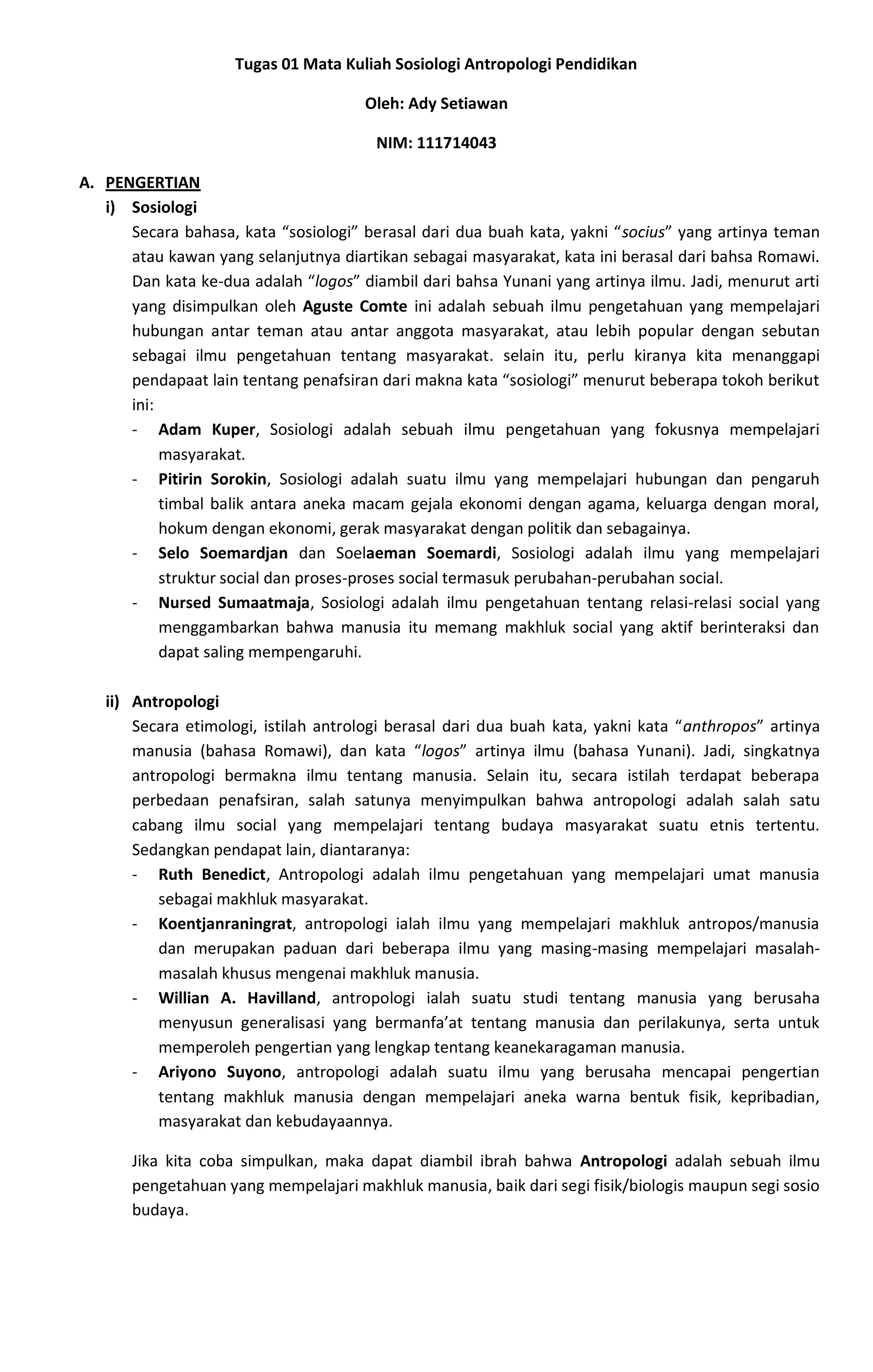 Pengertian dan ciri ciri sosiologi antropologi | PDF