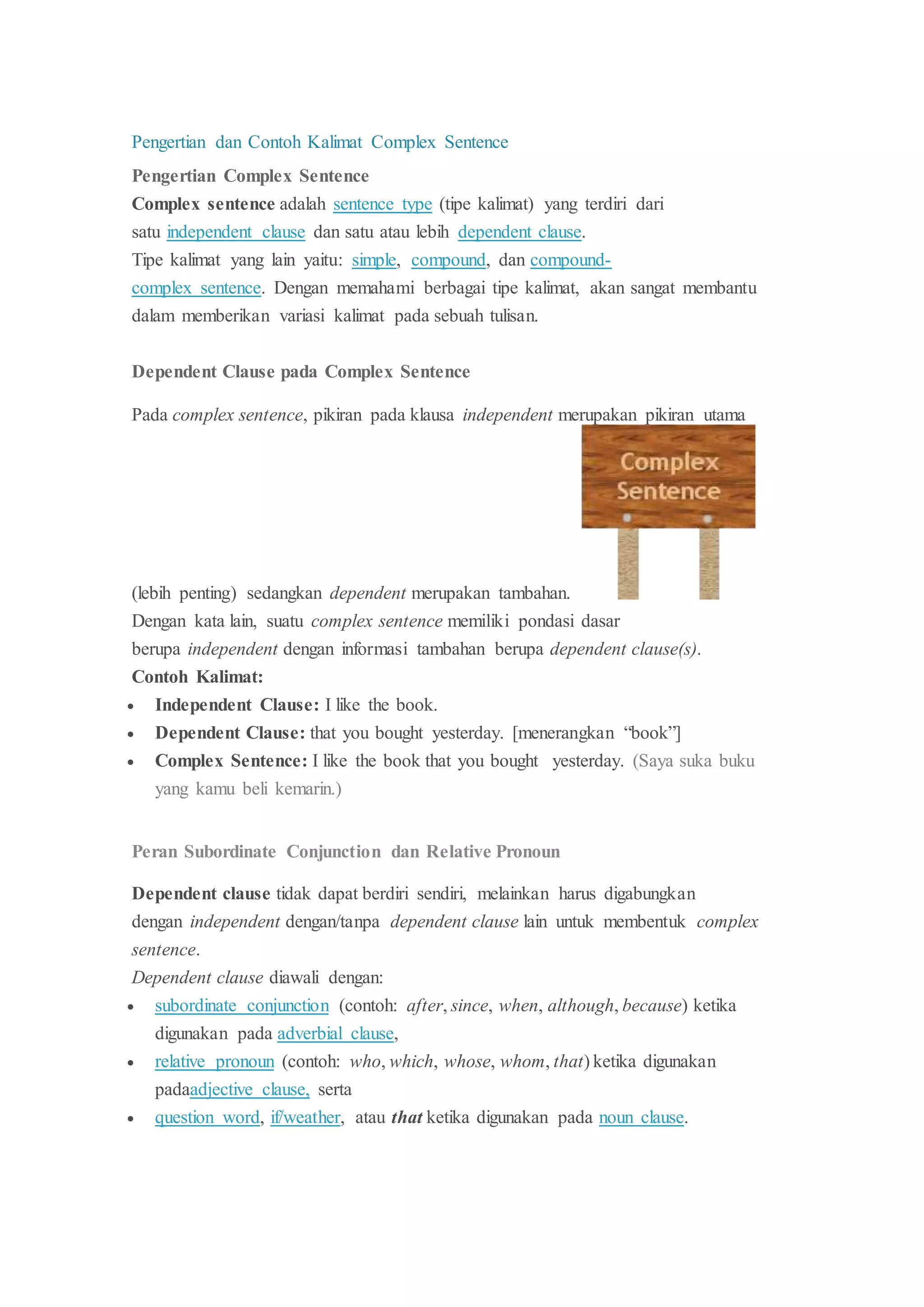 Pengertian dan contoh kalimat complex sentence | DOCX