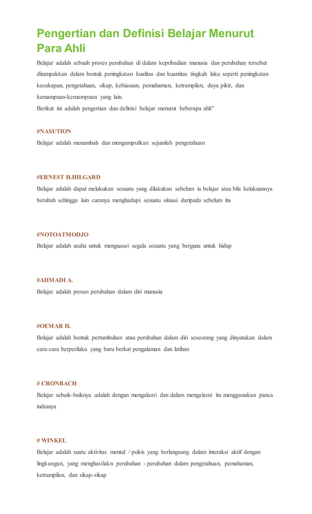Pengertian dan definisi belajar menurut para ahli | PDF