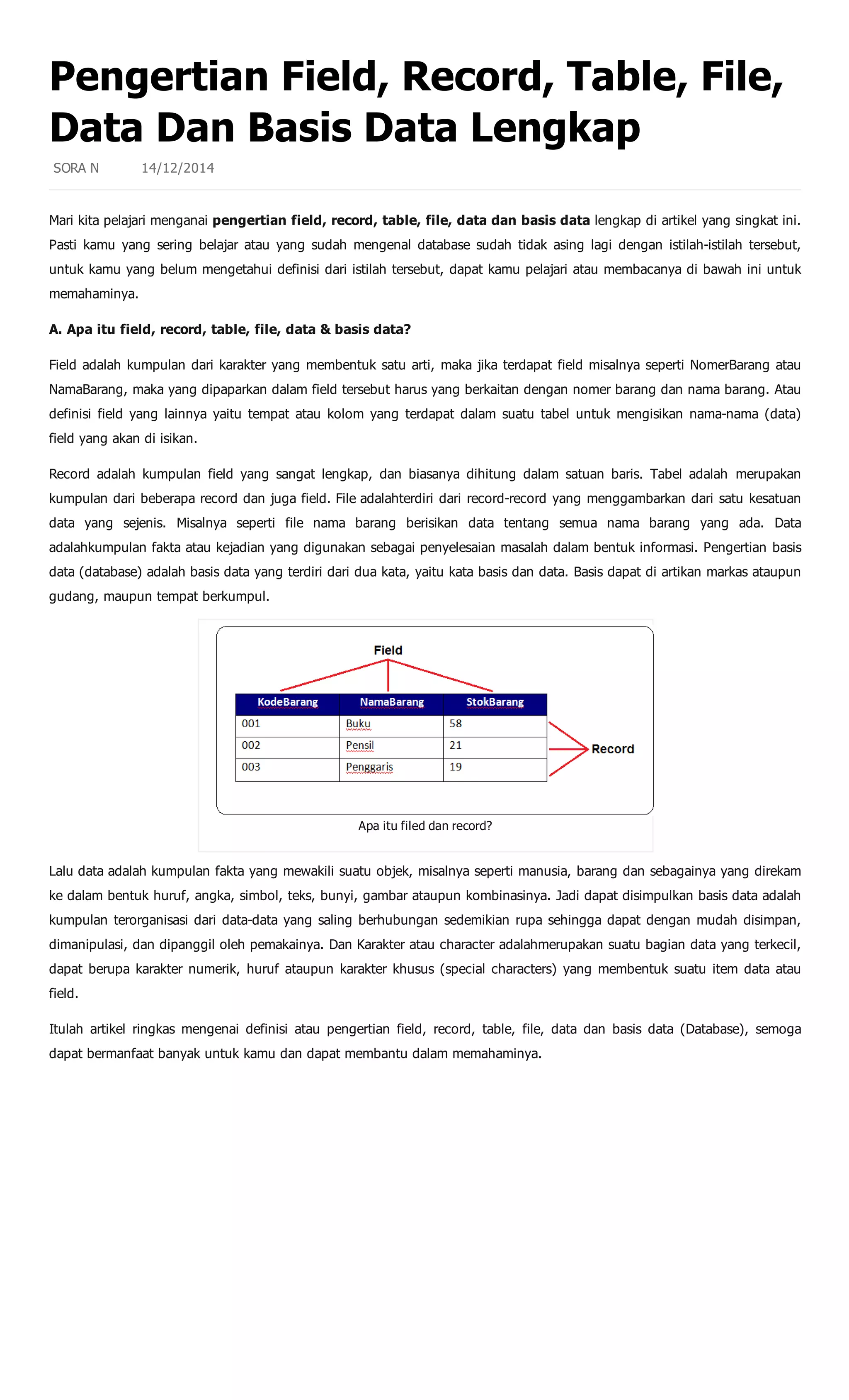Pengertian field, record, table, file, data dan basis data lengkap pengertian apapun | PDF