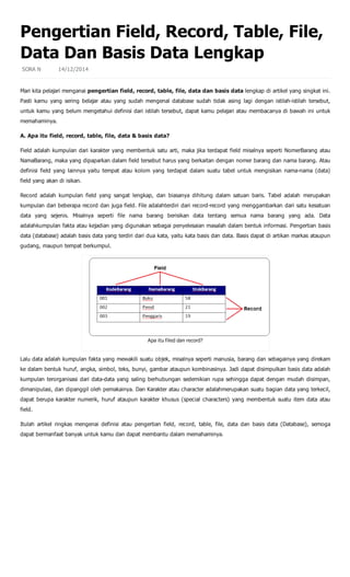 Pengertian field, record, table, file, data dan basis data lengkap pengertian apapun | PDF