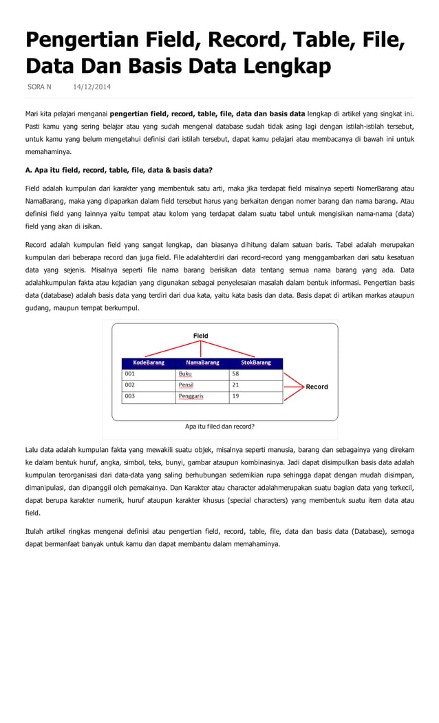 Pengertian field, record, table, file, data dan basis data lengkap pengertian apapun | PDF