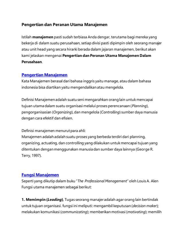Pengertian dan Fungsi manajemen | DOCX