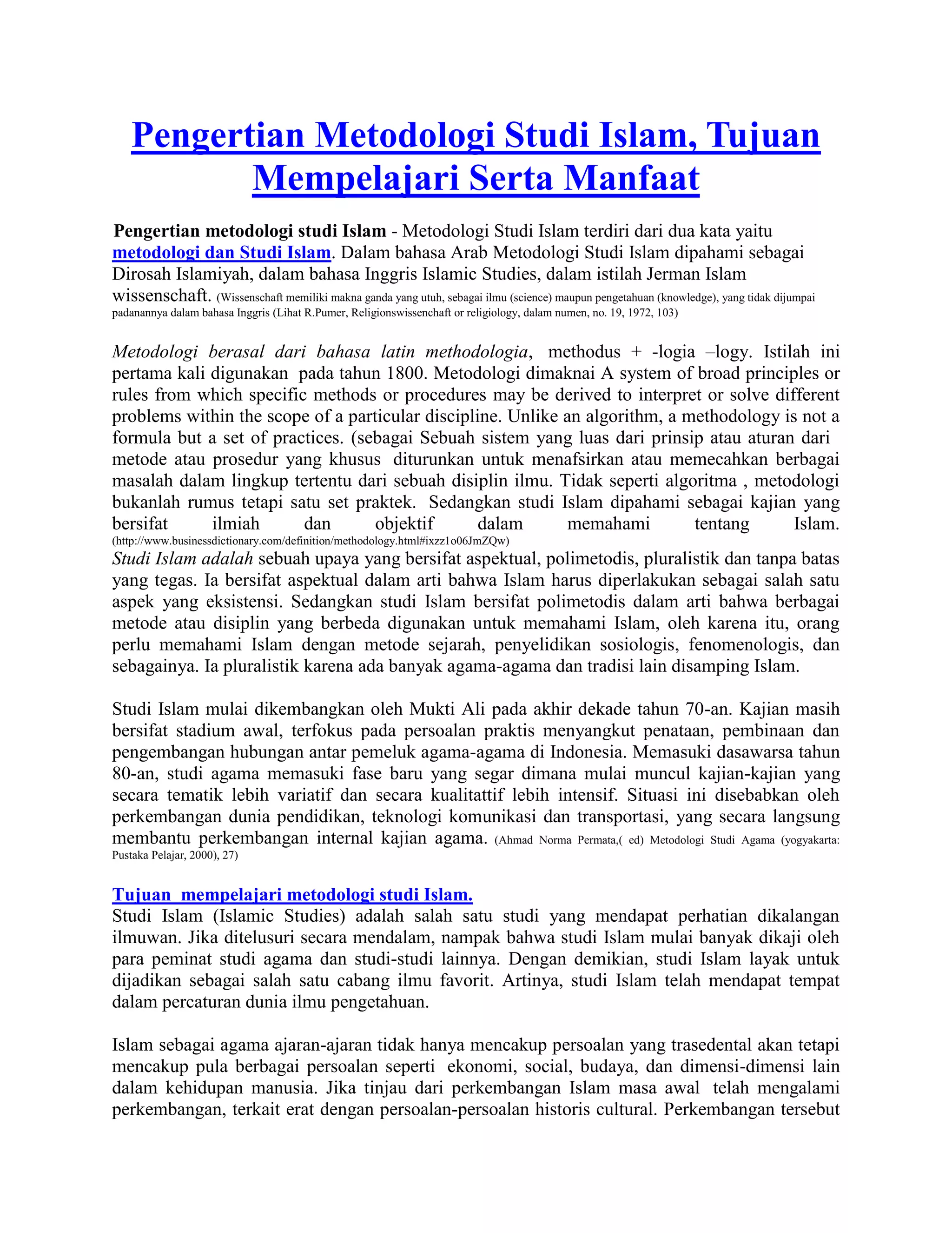 Pengertian metodologi studi islam | DOCX