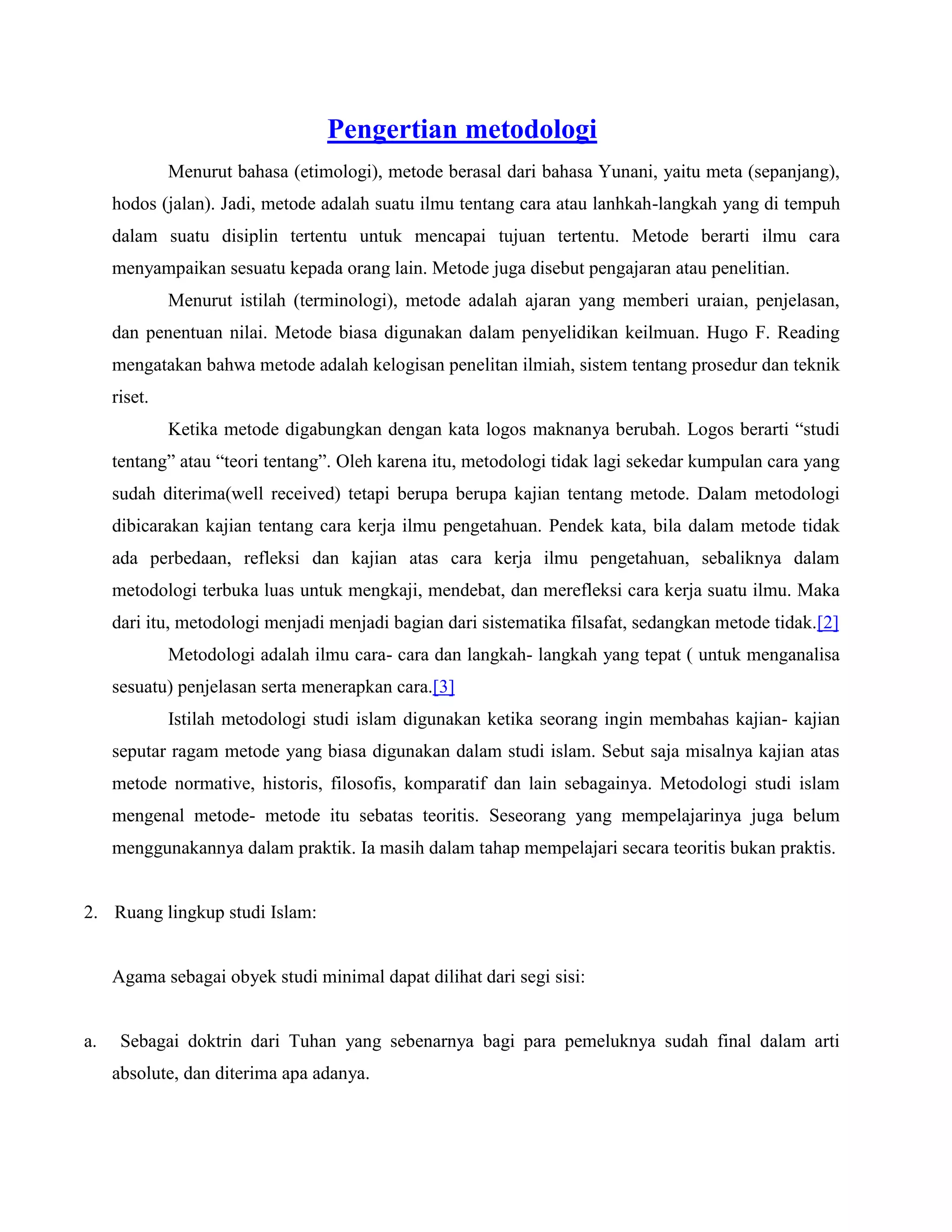 Pengertian metodologi studi islam | DOCX