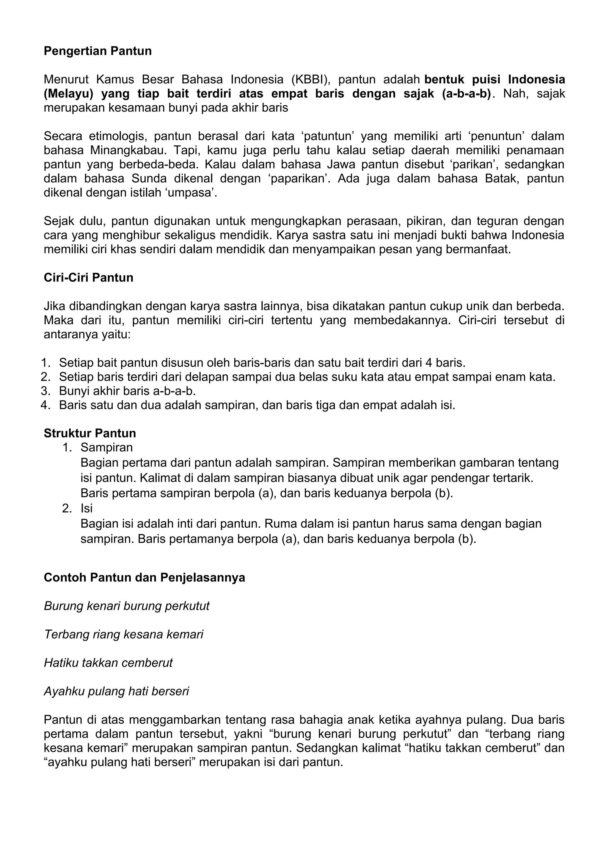 Pengertian Pantun, Ciri dan Contoh Bahasa Indonesia | DOCX