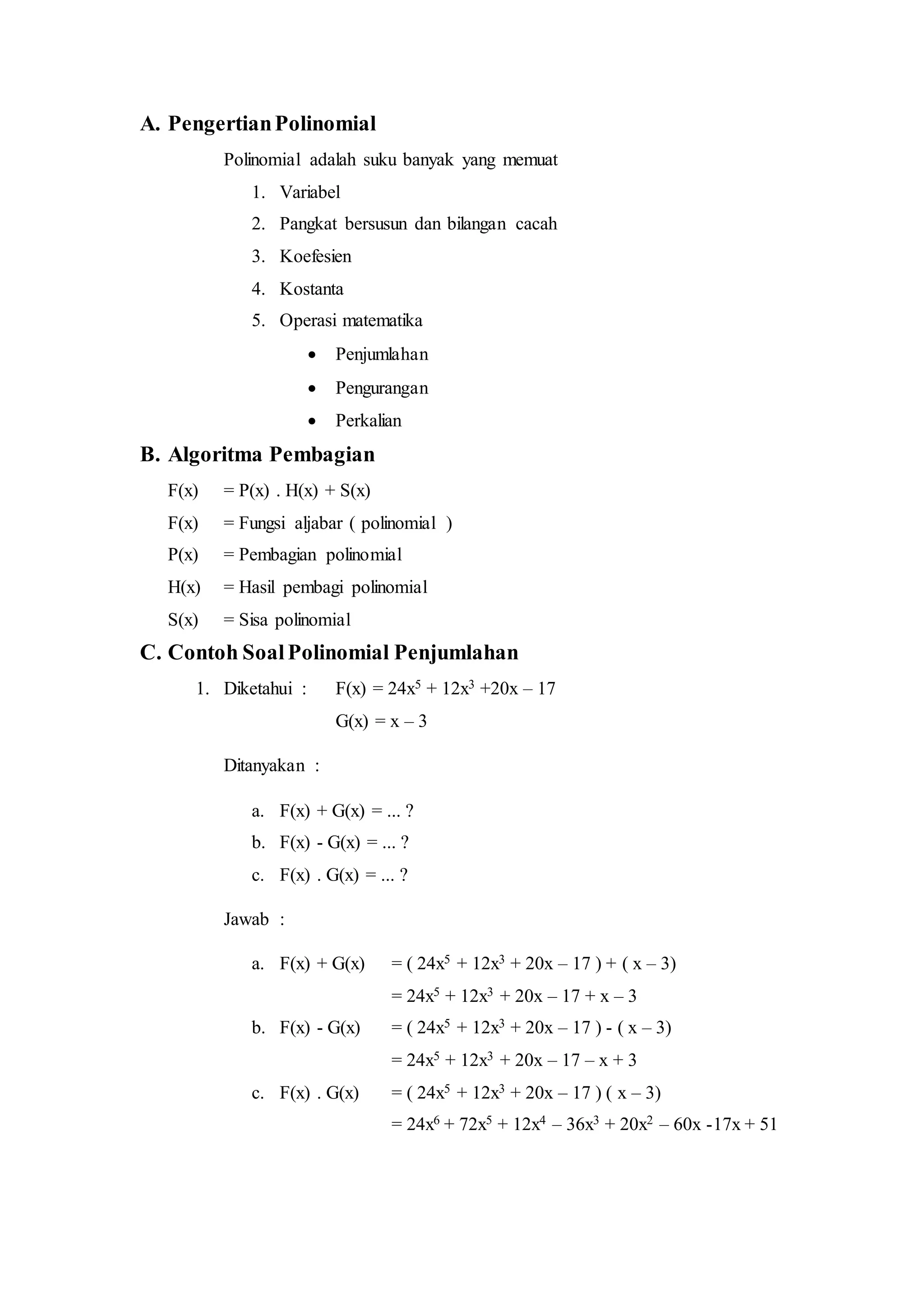 Pengertian polinomial, contoh soal polinomial dengan pembahasanya | DOCX
